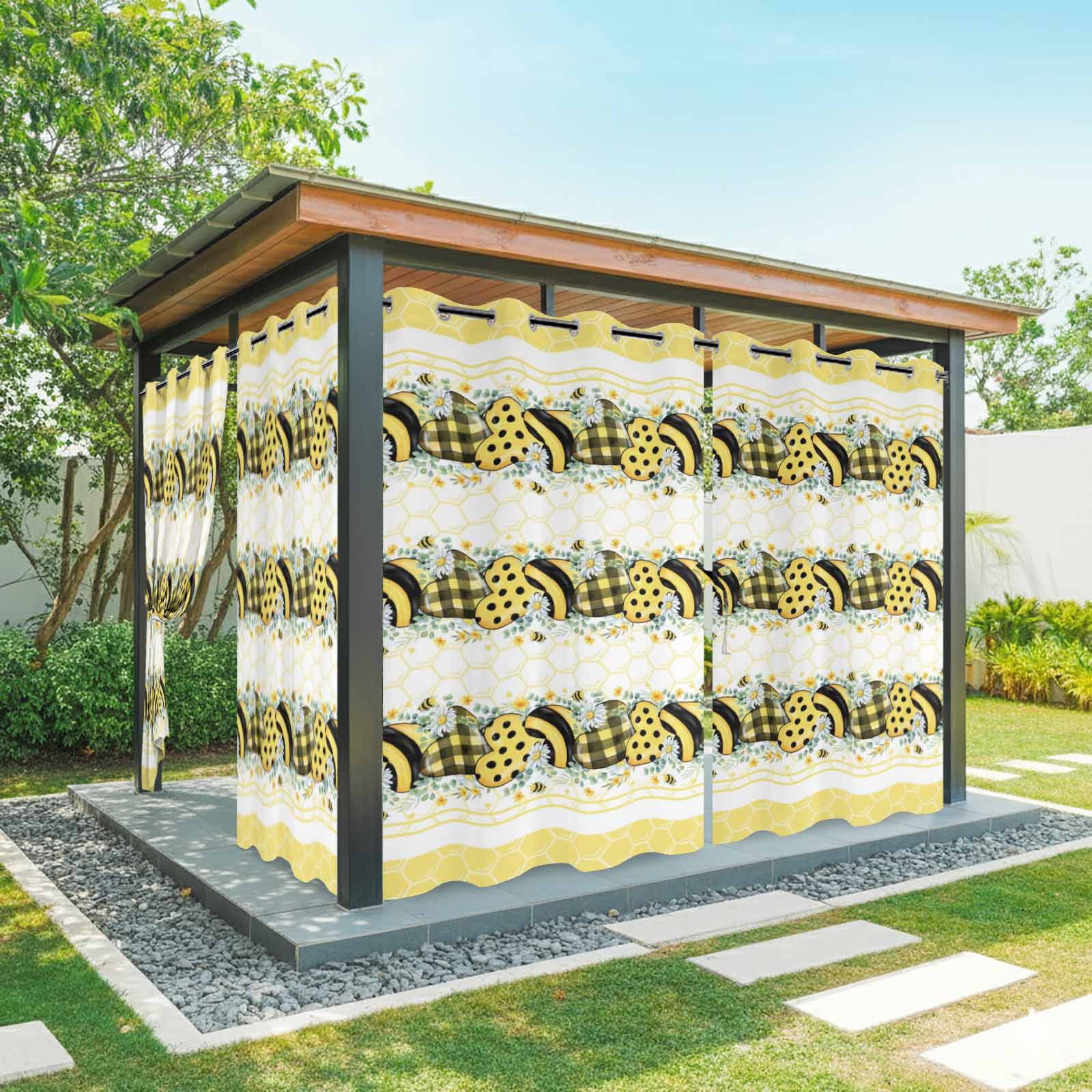 Bee Love Outdoor Curtains for Patio, Vintage Country Yellow Bee Plaid ...