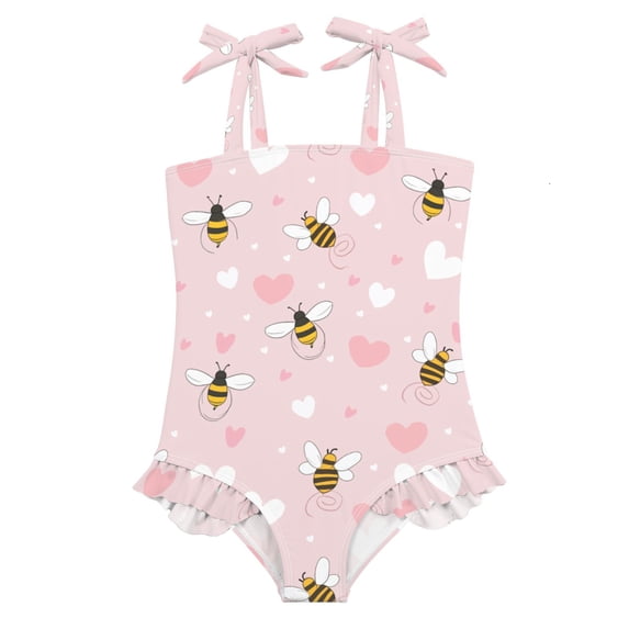 Bee Love Pattern Girls' One-Piece Swimsuit Bowknot Tie Shoulder Ruffled ...