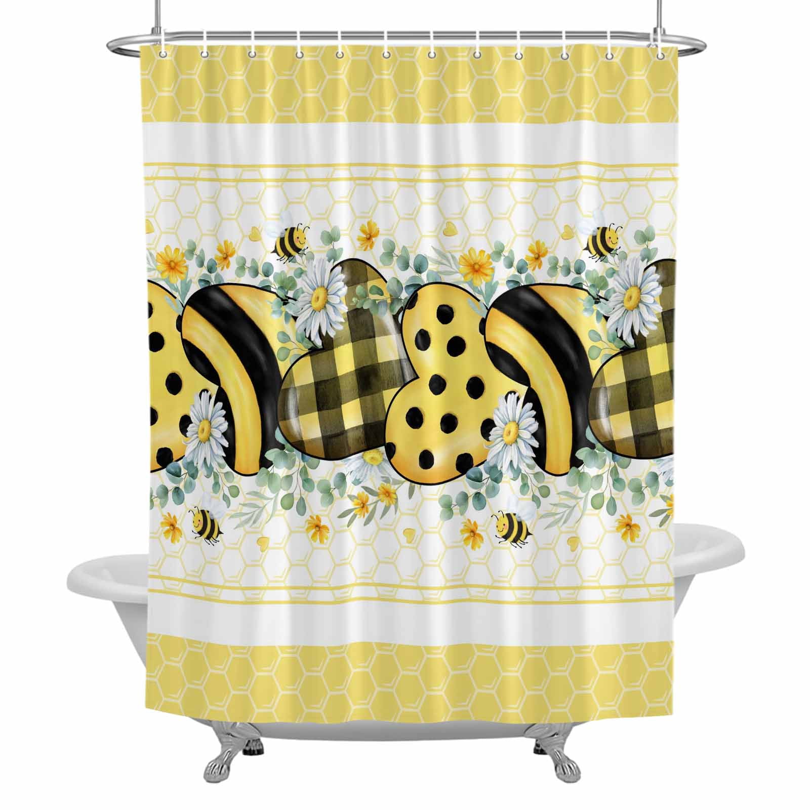 Bee Love Shower Curtain for Bathroom, Vintage Country Yellow Bee Plaid ...