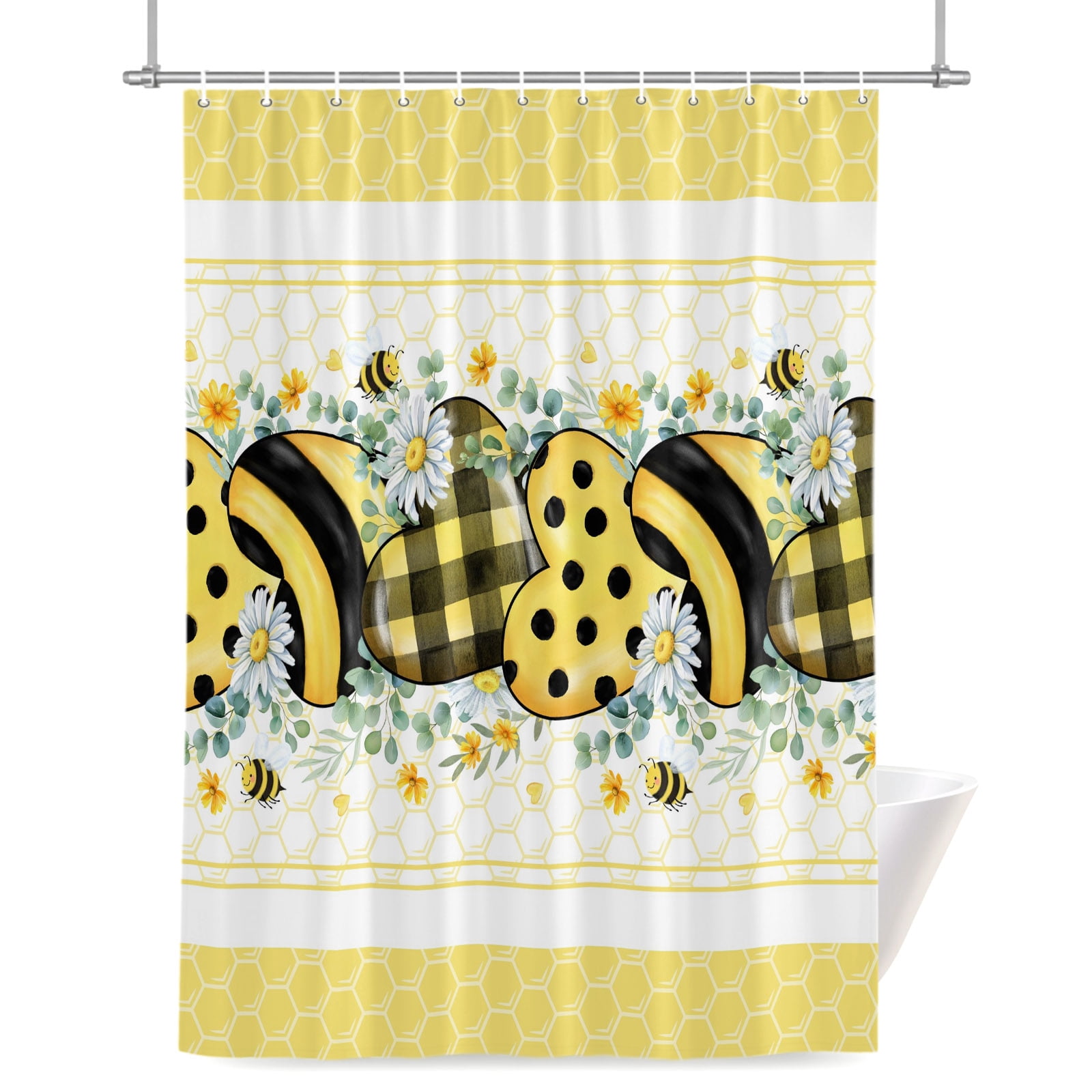 Bee Love Shower Curtains for Bathroom, Vintage Country Yellow Bee Plaid ...