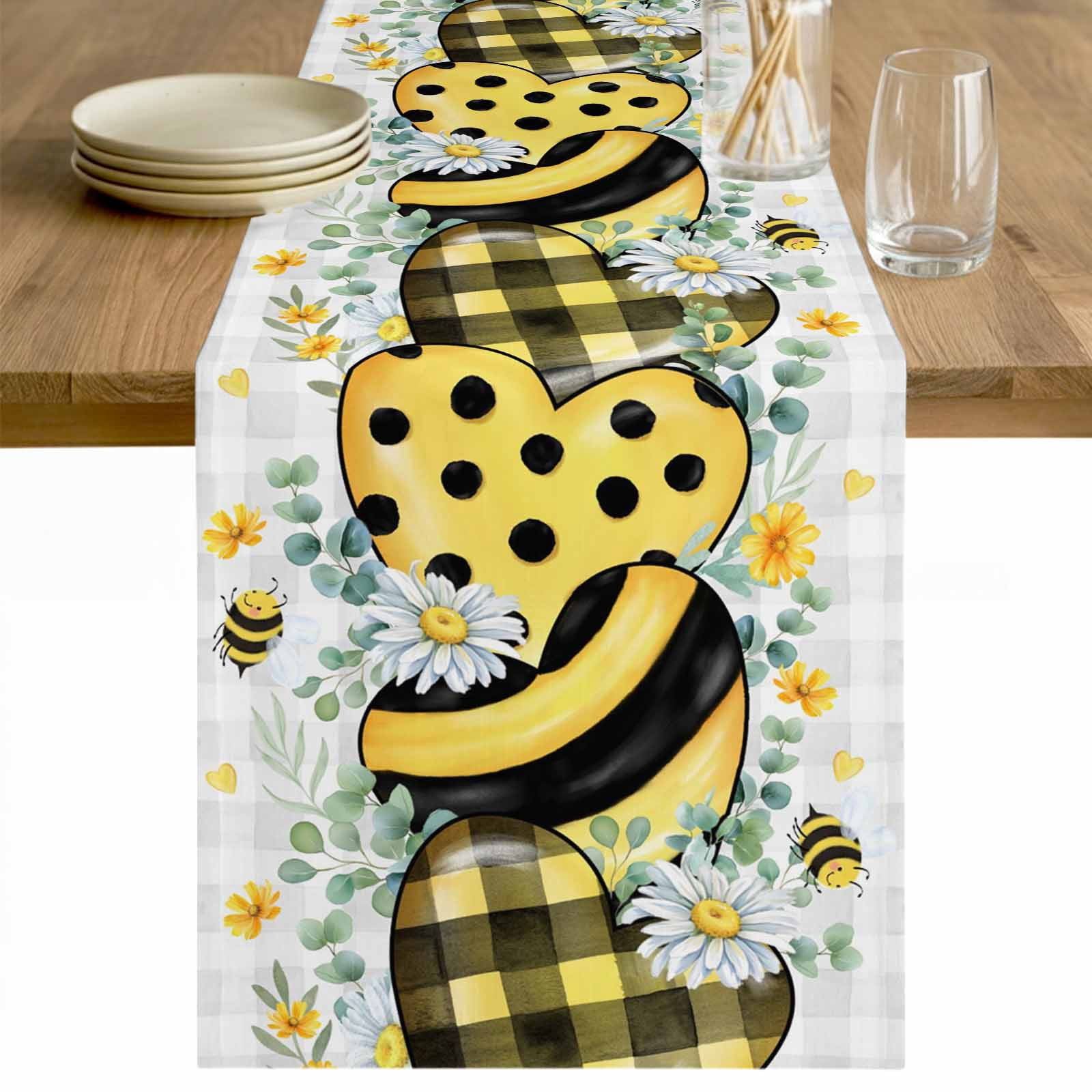Bee Love Table Runner - 90 Inch Long Daisy Eucalyptus Leaves Rustic ...
