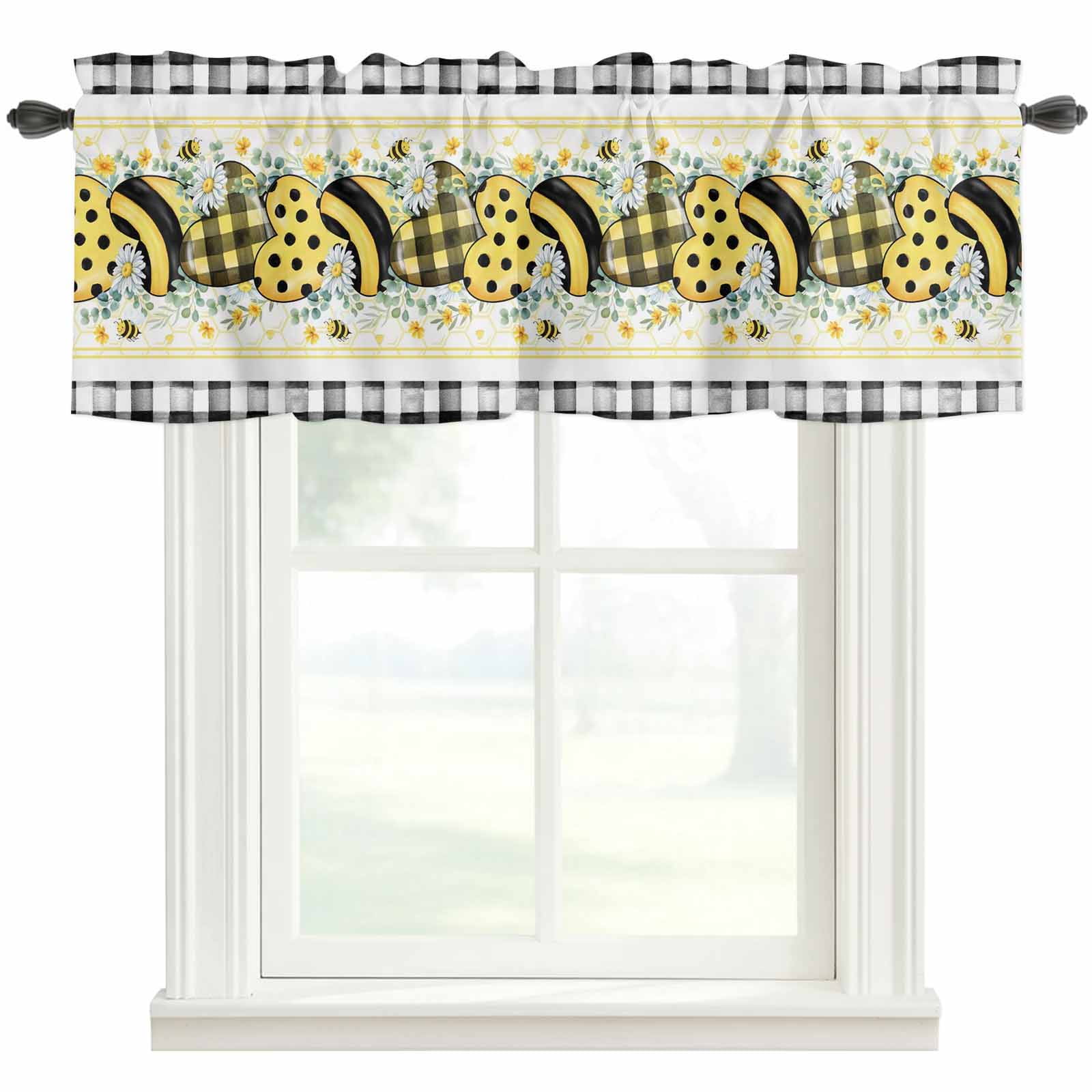 Bee Love Valances for Windows Vintage Country Yellow Bee Plaid Dot Love ...