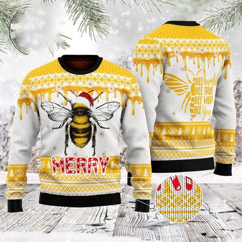 Bee Merry Santa Hat 3D Christmas Sweater, Funny Xmas Sweater, Sweater ...