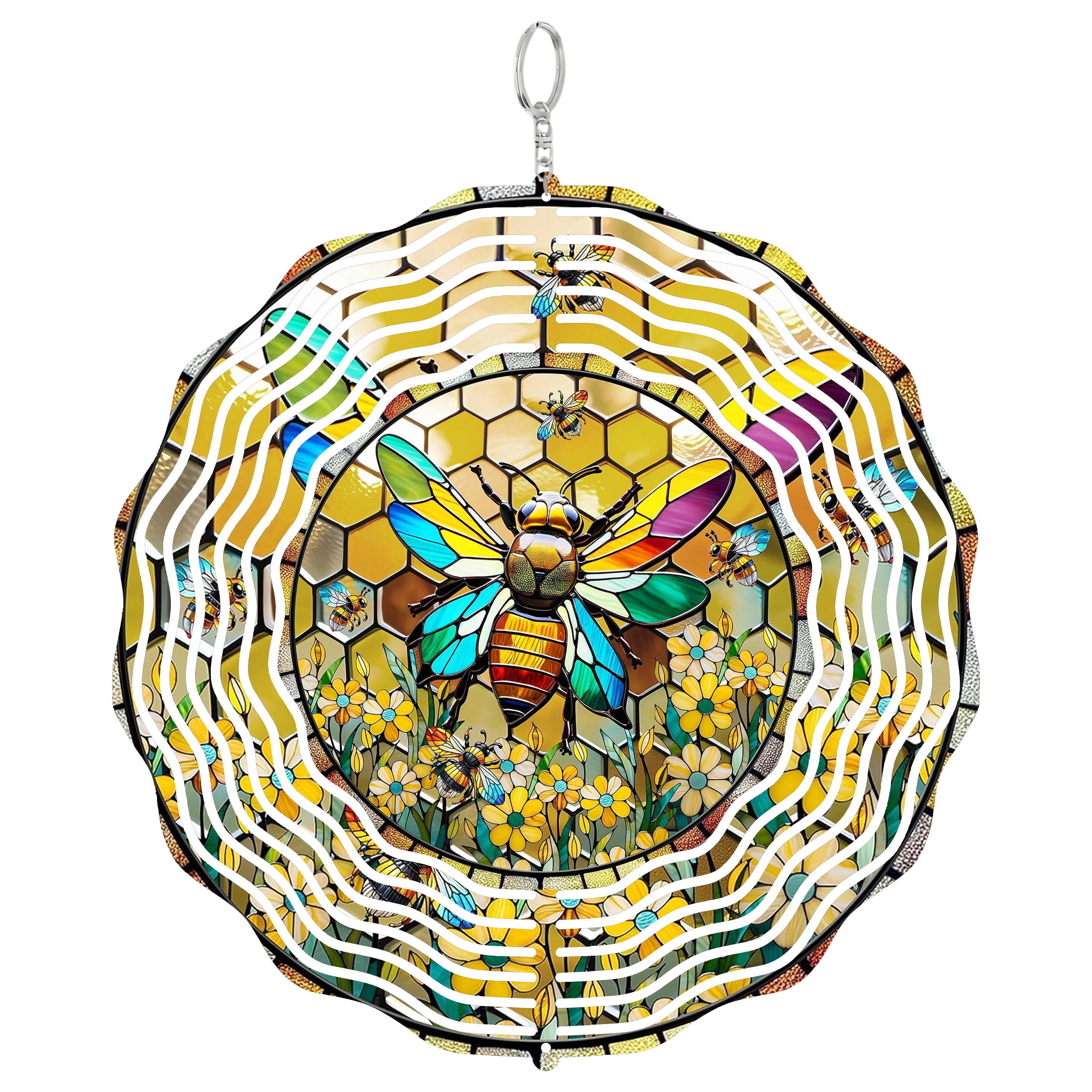 Bee Metal Wind Spinner Hanging, Yellow Flower Outdoor Ornament ...