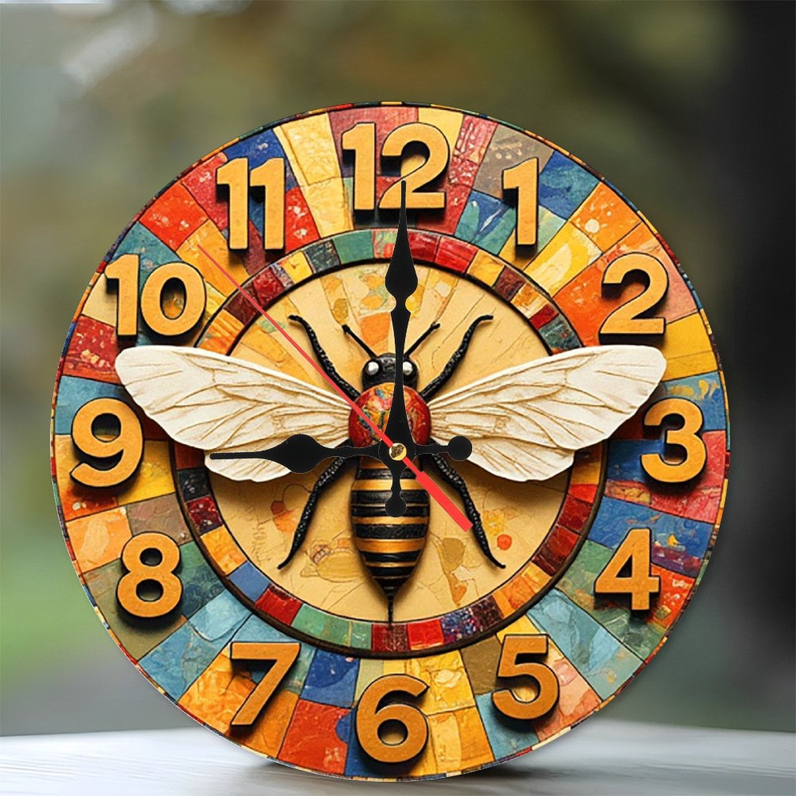 Bee Mosaic Wall Clock Colorful Art Decor 10-Inch Silent Wooden Wall Clock, Battery Operated (AA ...