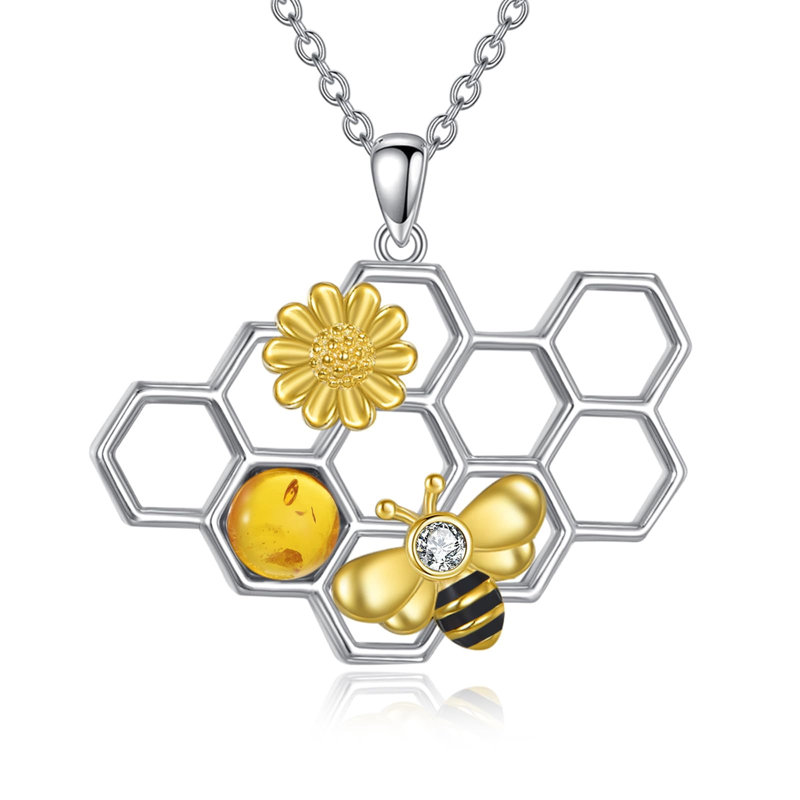 Bee Necklace for Women Sterling Silver Beehive Amber Pendant Jewelry ...