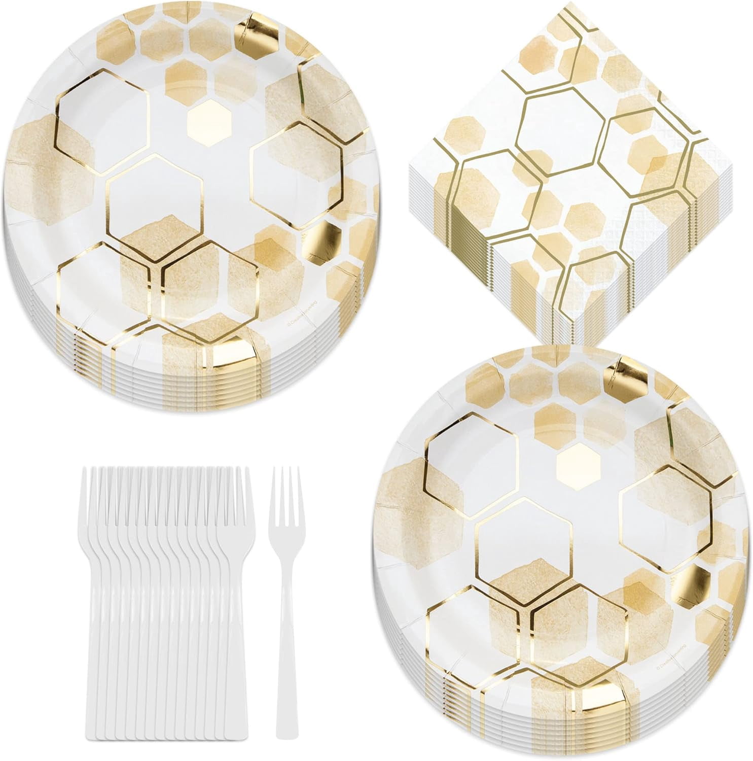 Bee Party Deluxe Metallic Honeycomb Paper Dinner Plates, Lunch Napkins ...