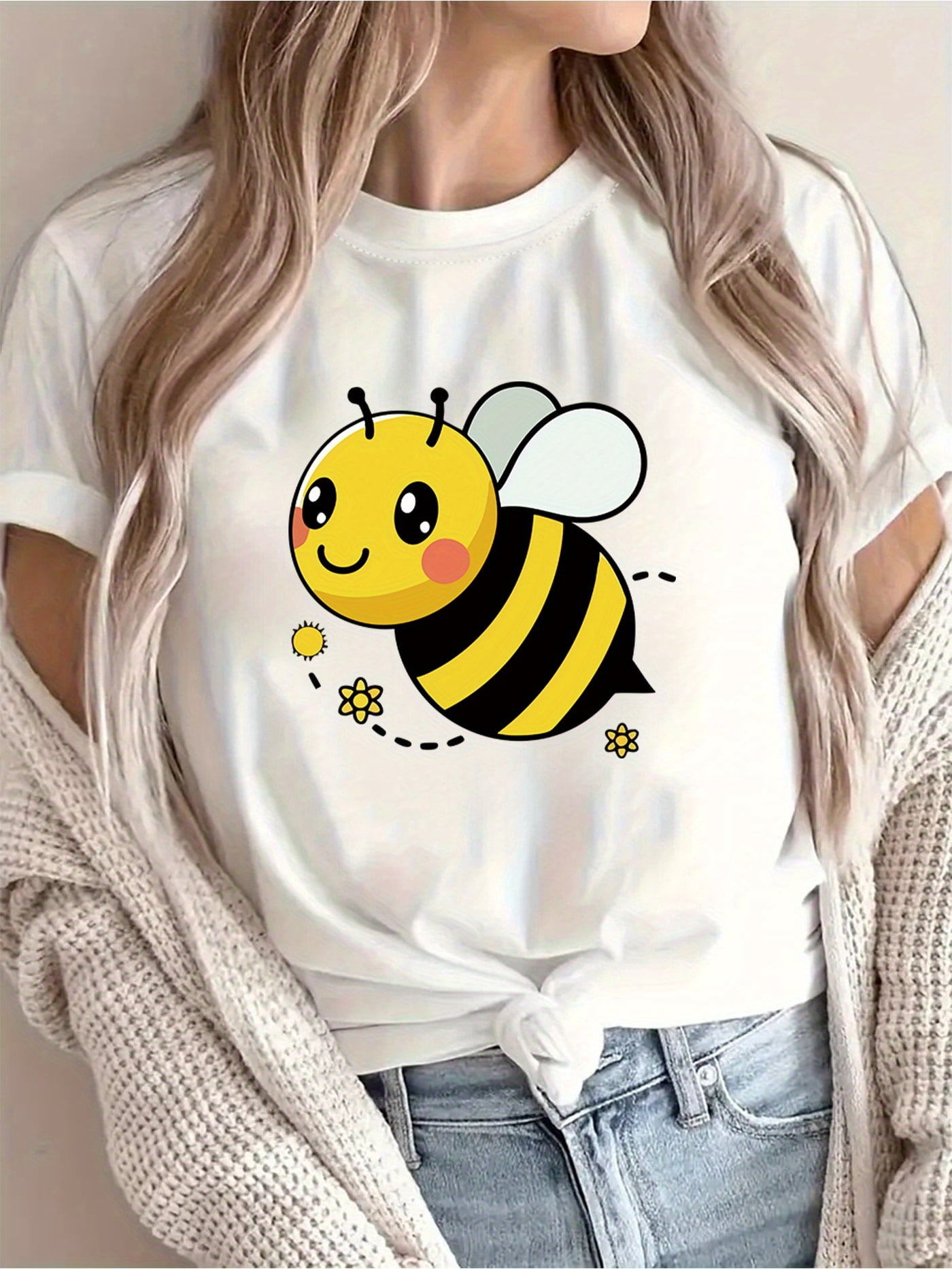 [Bee Pattern Printed T-shirt, Women's Casual, Vacation, Short-sleeved ...