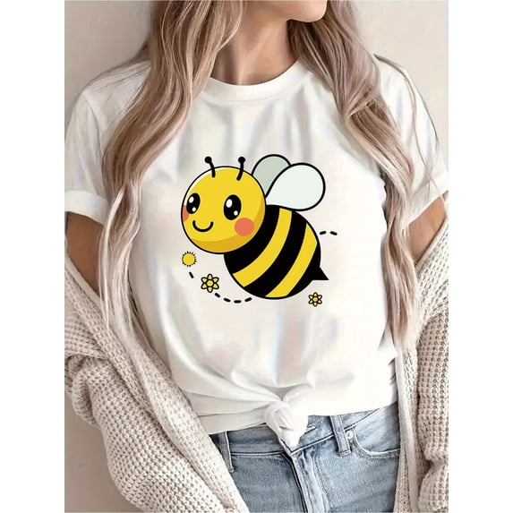 [Bee Pattern Printed T-shirt, Women's Casual, Vacation, Short-sleeved ...