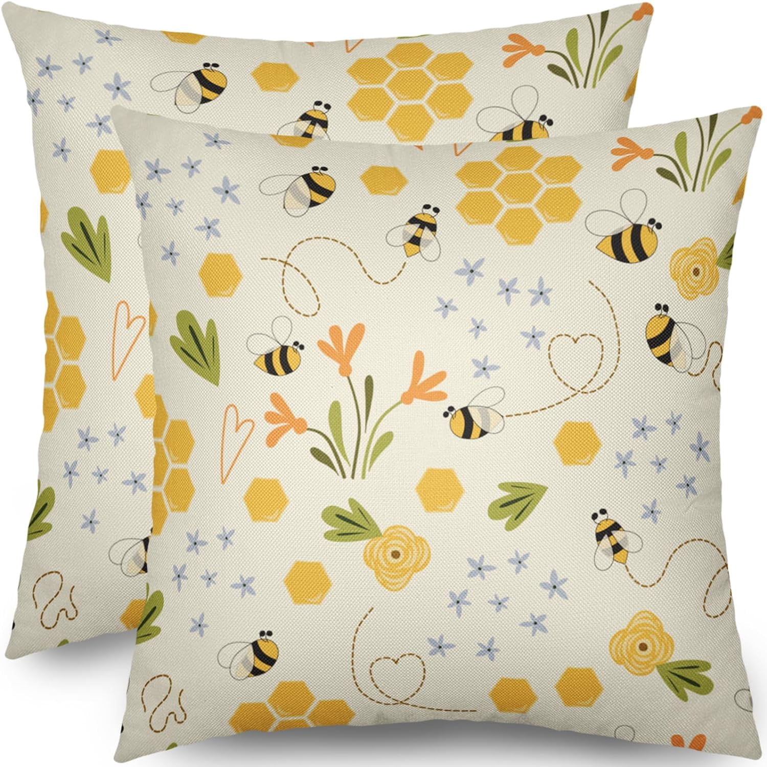 Bee Pillow Covers 18x18 Set of 2 Bee Kind Floral Honeycomb Summer ...