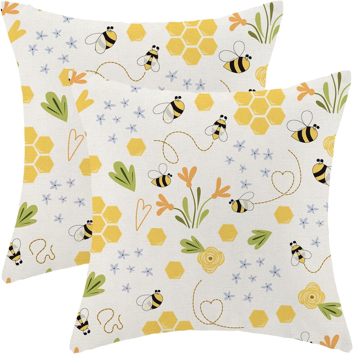 Bee Pillow Covers 18x18 Set of 2, Summer Outdoor Bee Floral Decorative ...