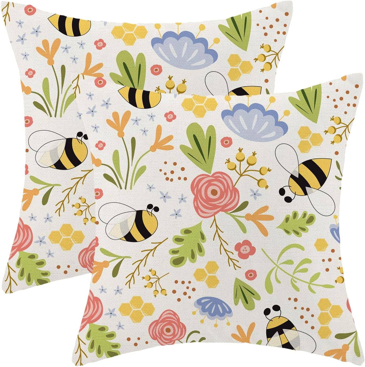 Bee Pillow Covers 18x18 Set of 2, Summer Outdoor Bee Flower Decorative ...