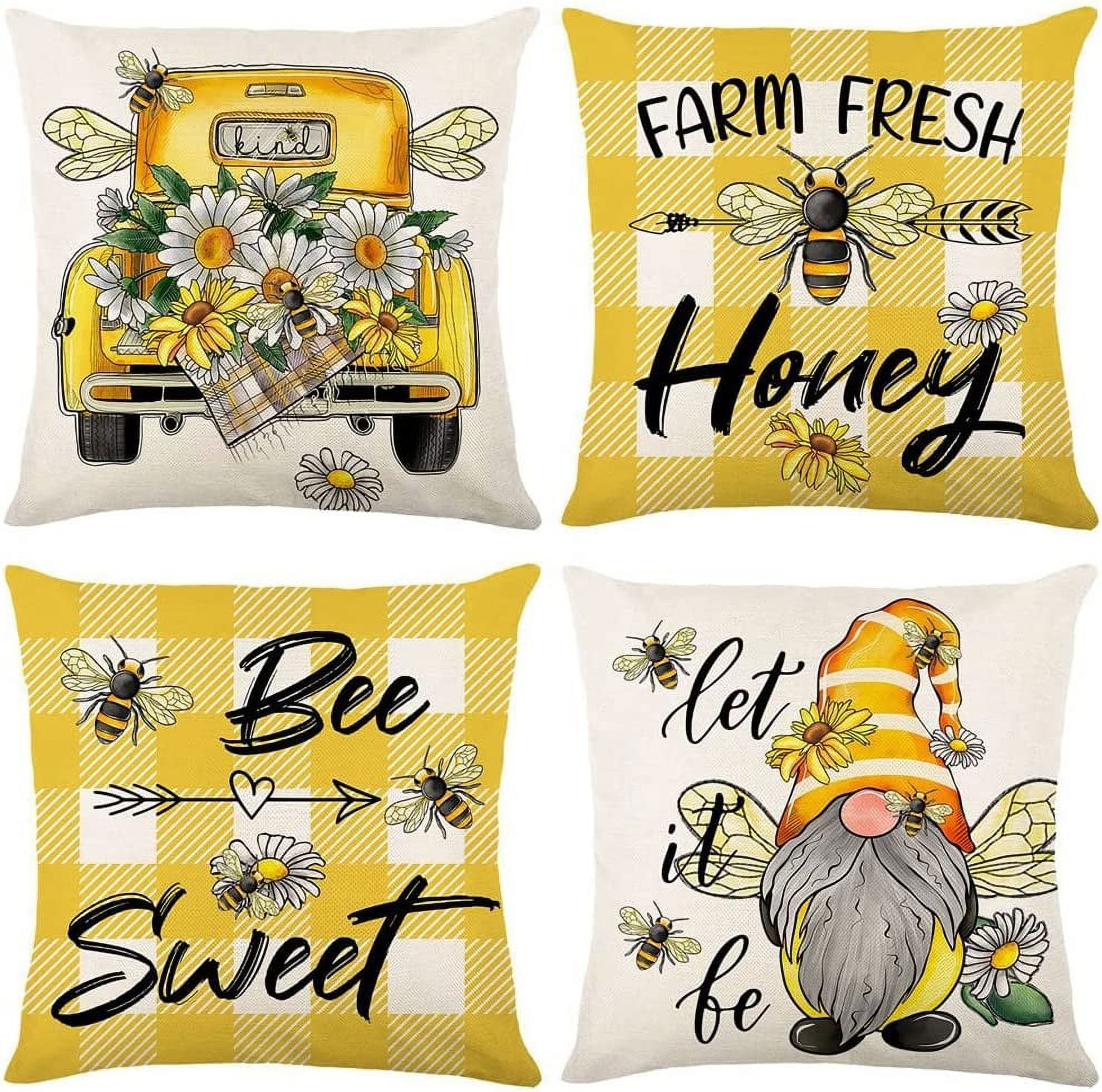 Bee Pillow Covers 18x18 Set of 4, Cute Sunflower Gnomes Bee Throw ...