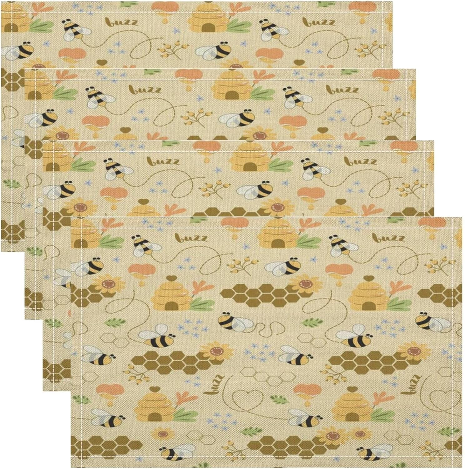 Bee Placemats Set of 4, 18x12 Inch Cartoon Cute Flying Bees Geometric ...