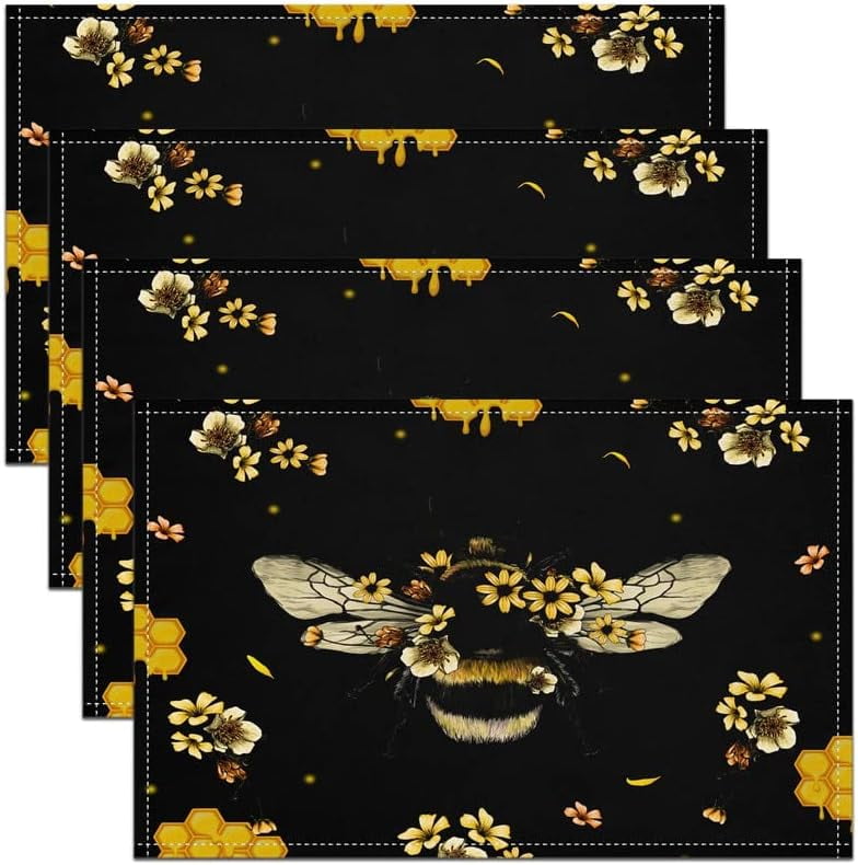 Bee Placemats Set of 4, Honeycomb Flower Bee Placemats 18x12 inch ...