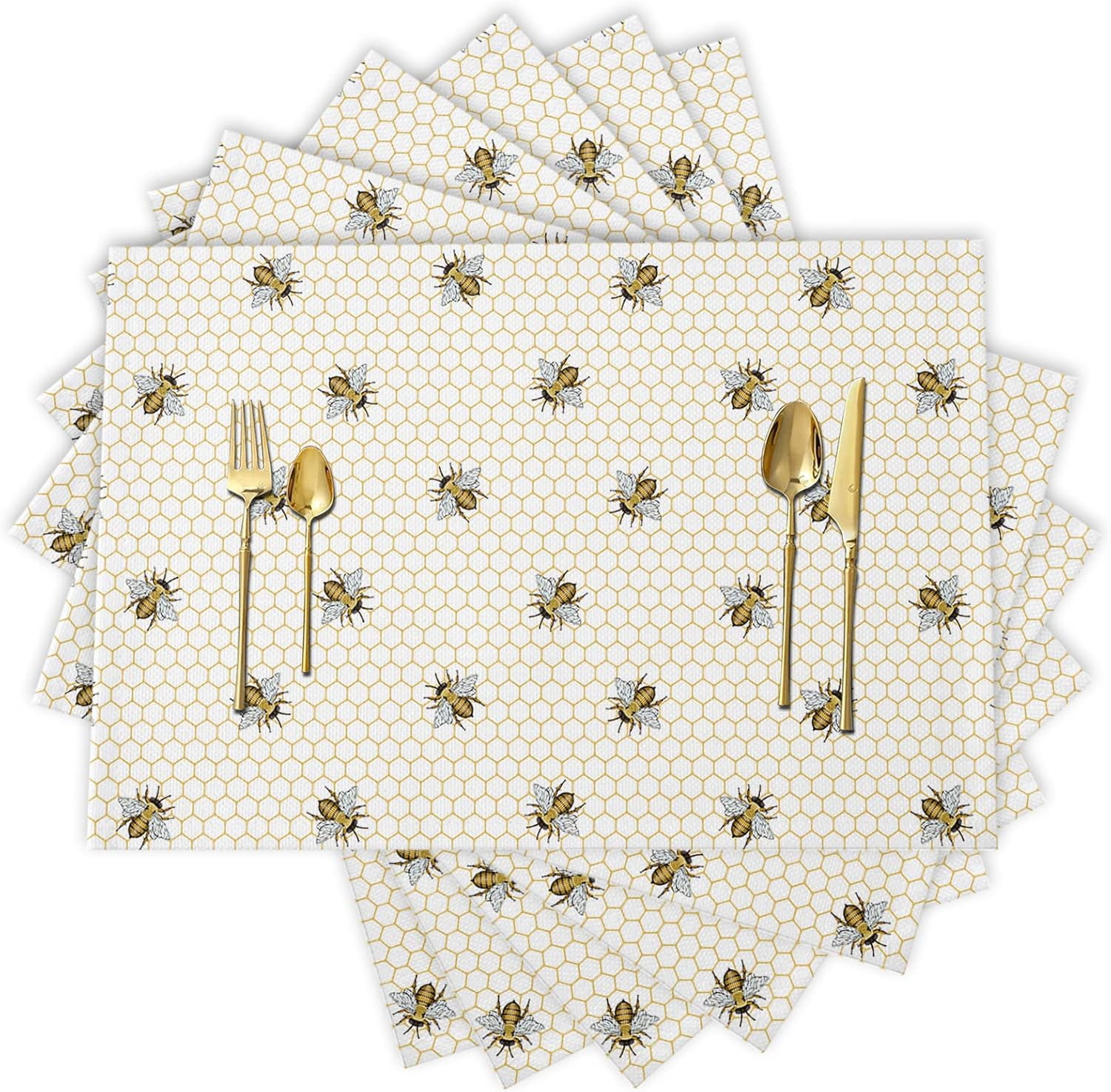 Bee Placemats, Set of 6 Anti-Skid Table Mats, Washable Placemats for ...