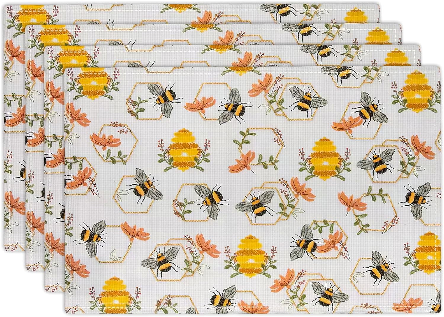 Bee Placemats Set of 4 Floral Bee Table Mats Bee Honeycomb Place Mats ...