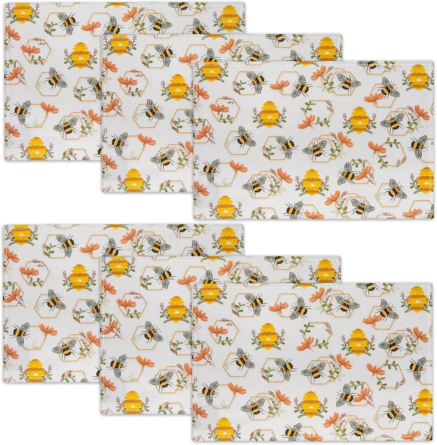 Bee Placemats Set of 6 Floral Bee Table Mats Bee Honeycomb Place Mats ...