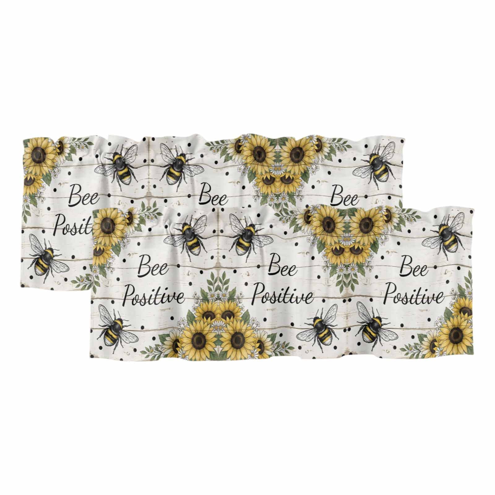 Bee Positive 2 Panels Kitchen Valance, Farmhouse Bee Animal Sunflower ...