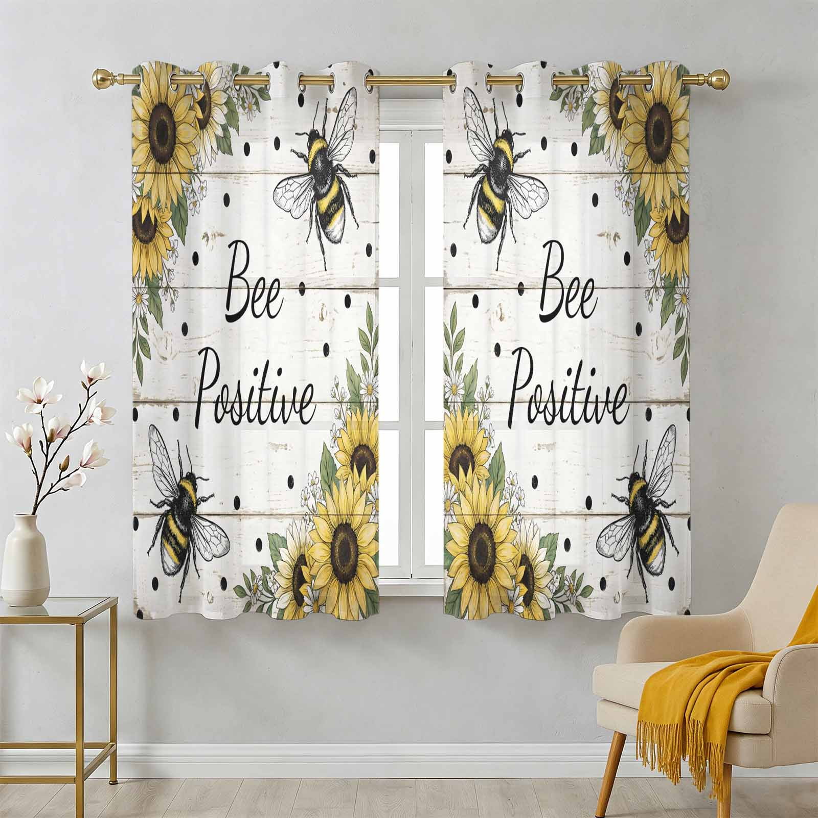 Bee Positive Sheer Curtains 54 Inch Long 2 Panels, Farmhouse Bee Animal ...
