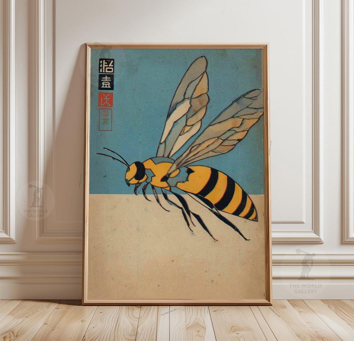 Bee Poster Blue Background Insect Art Japanese Style Nature Decor ...