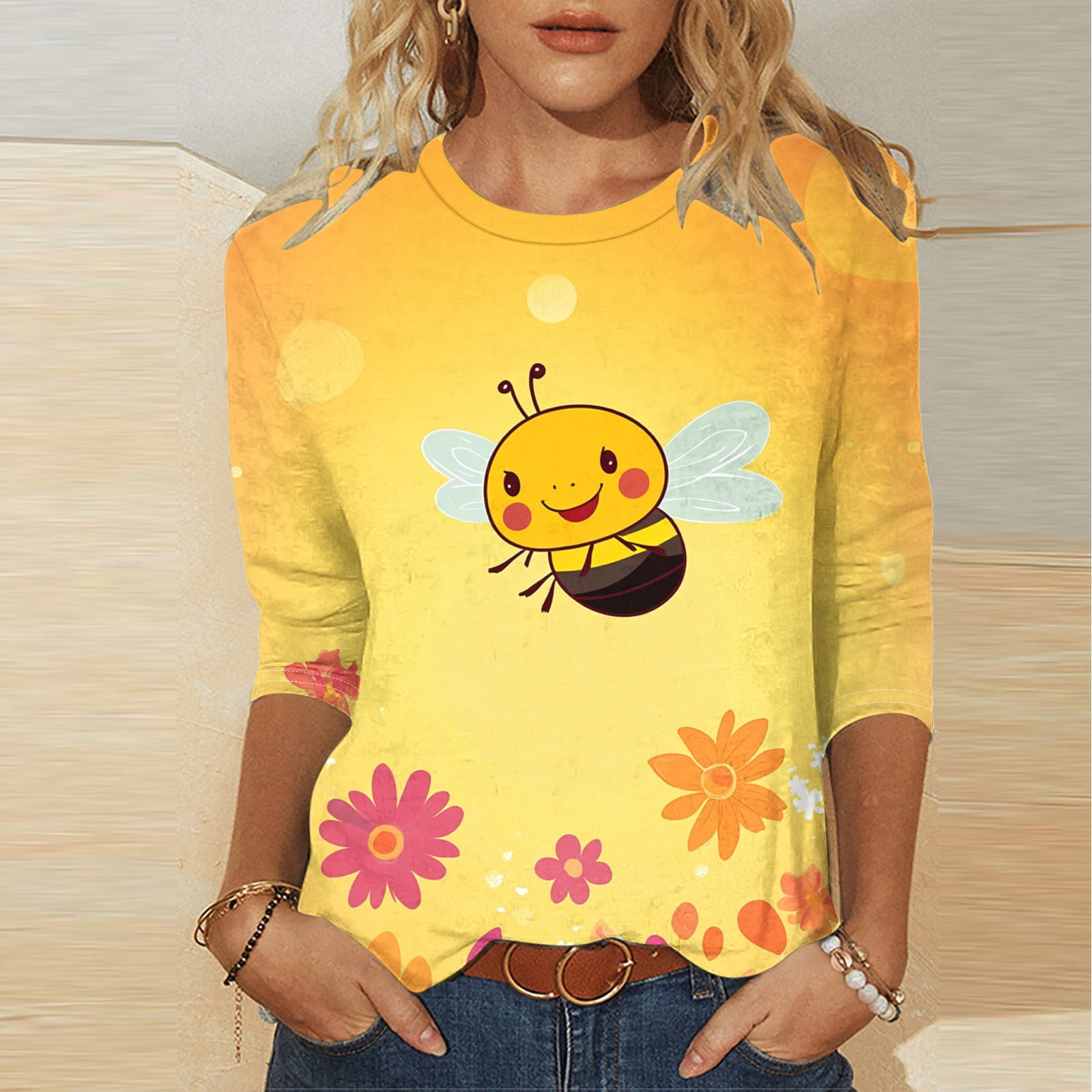 Bee Print Tops for Women 3/4 Length Sleeve Womens T Shirts Cotton Linen ...