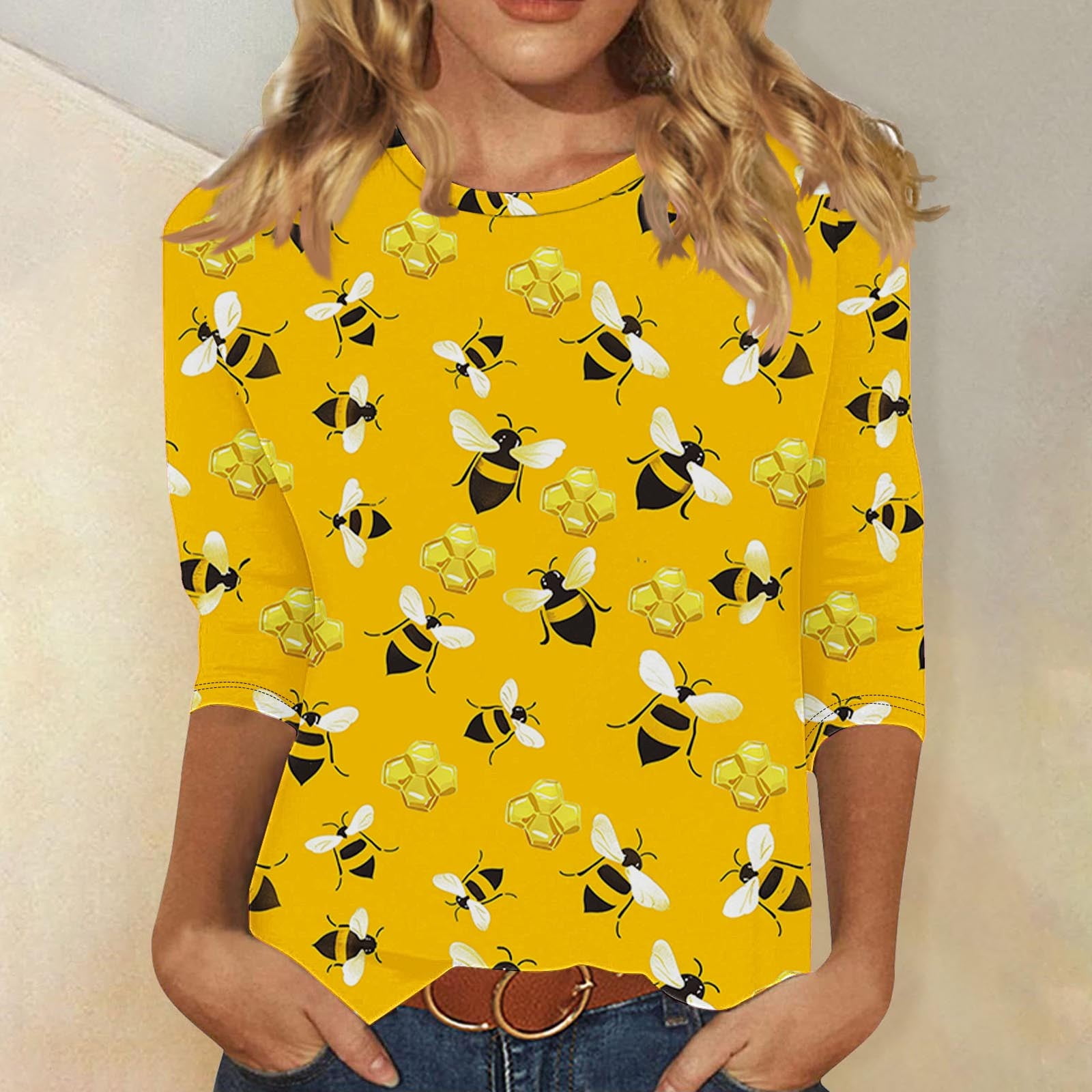 Bee Print Tops for Women 3/4 Sleeve T Shirts for Women V Neck Summer ...