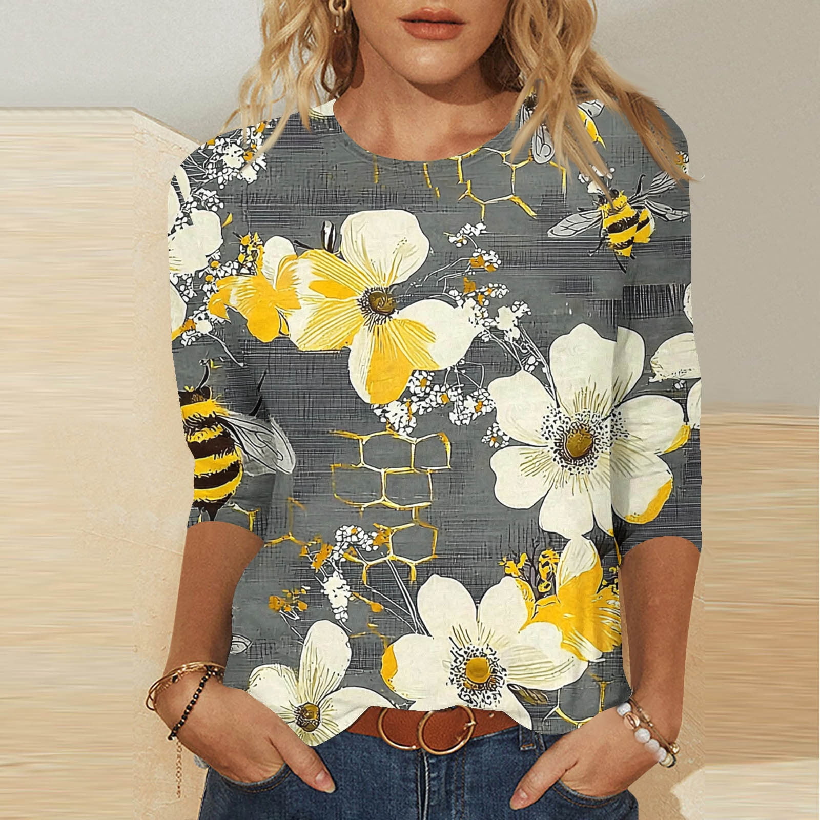 Bee Print Tops for Women Ladies Tops and Blouses 3/4 Sleeve Womens ...