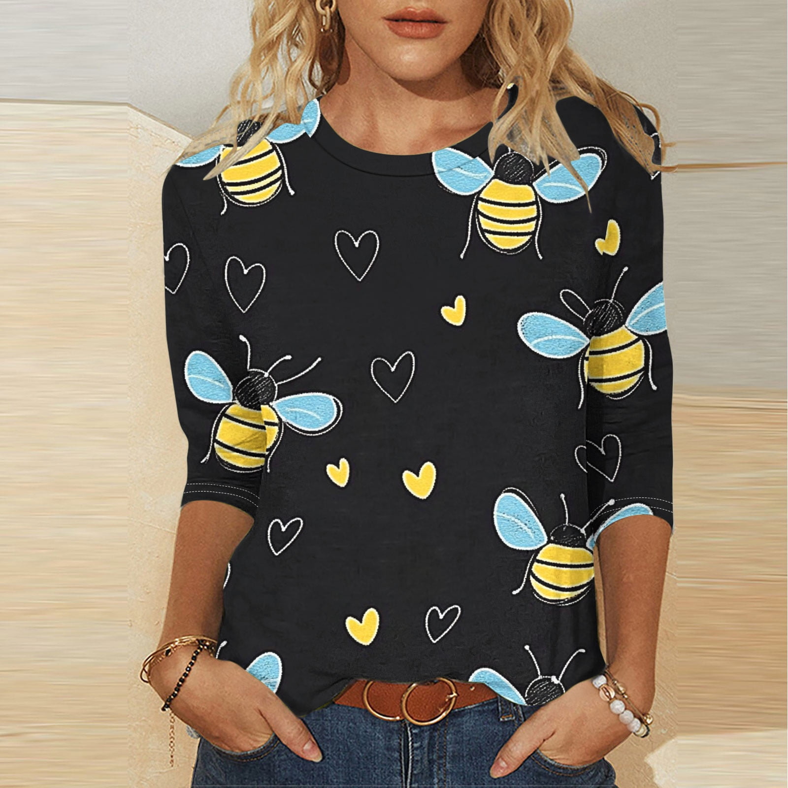 Bee Print Tops for Women White 3/4 Sleeve Tops for Women Fitted Summer ...