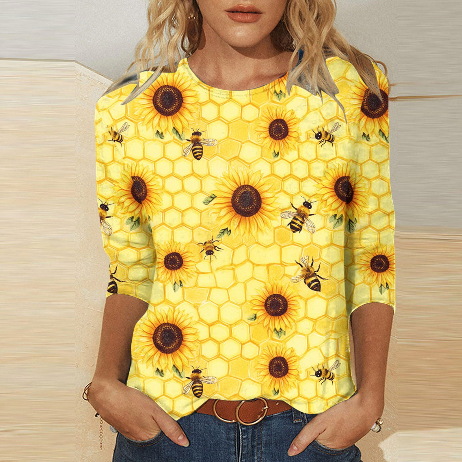 Bee Print Tops for Women Womens 3/4 Sleeve Tops Casual Summer Shirts ...