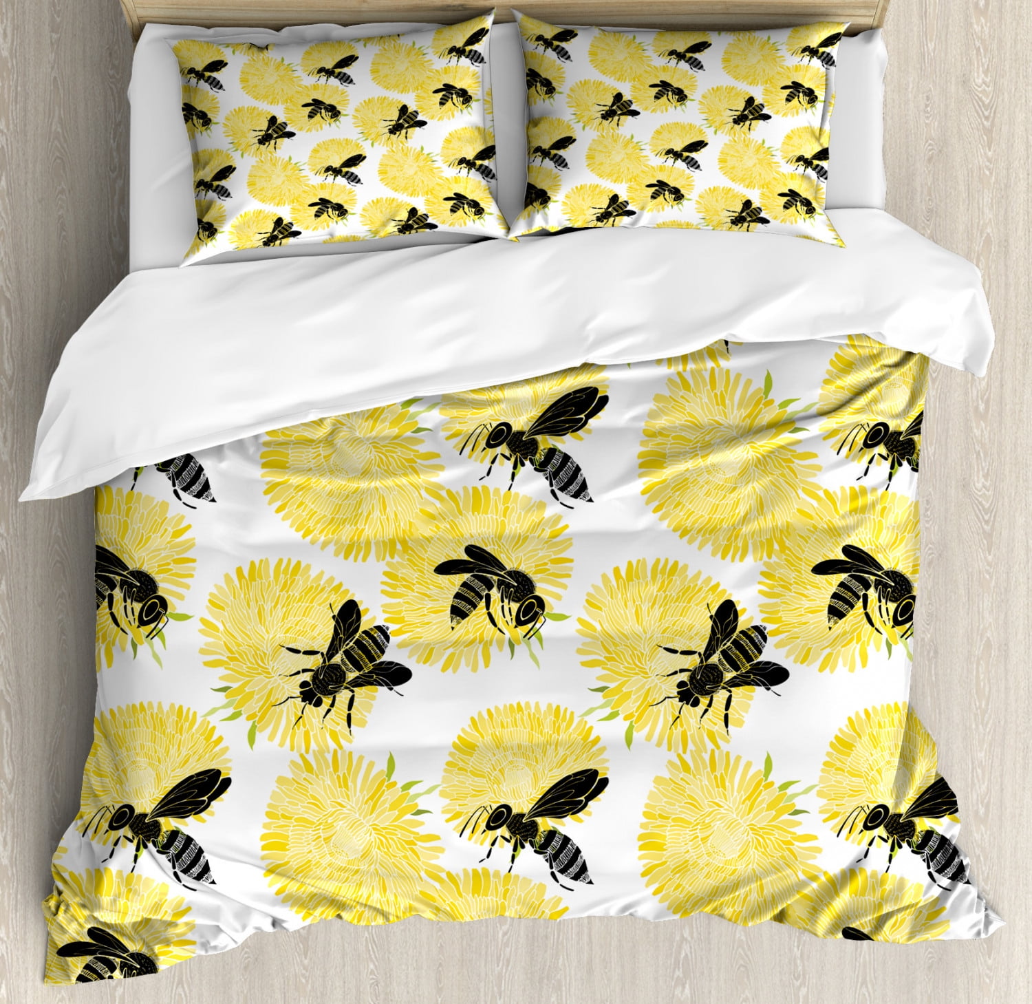 Bee Queen Size Duvet Cover Set, Bees and Dandelion Flowers in Nature ...