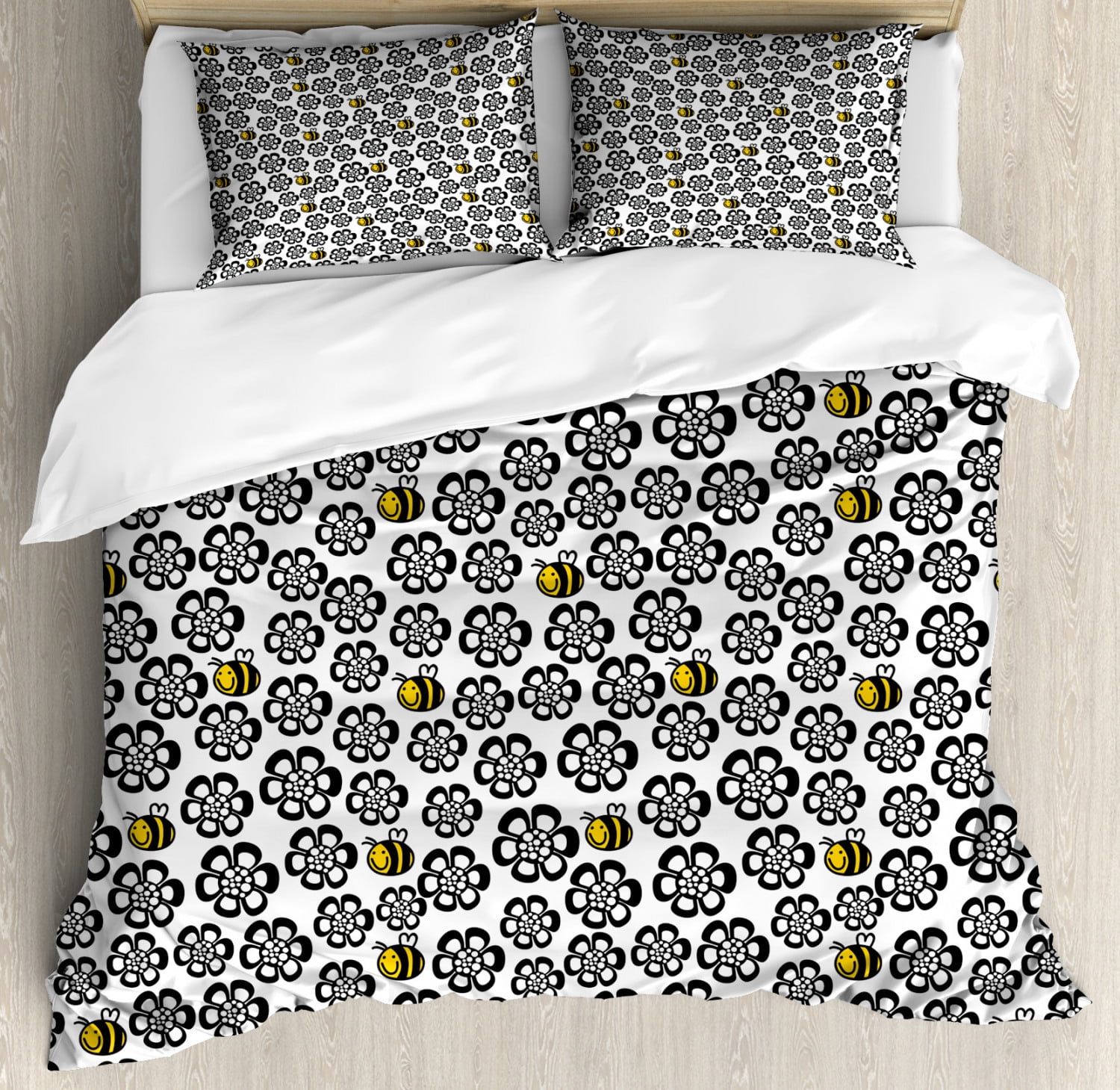 Bee Queen Size Duvet Cover Set, Silhouette Floral Pattern with Colored ...