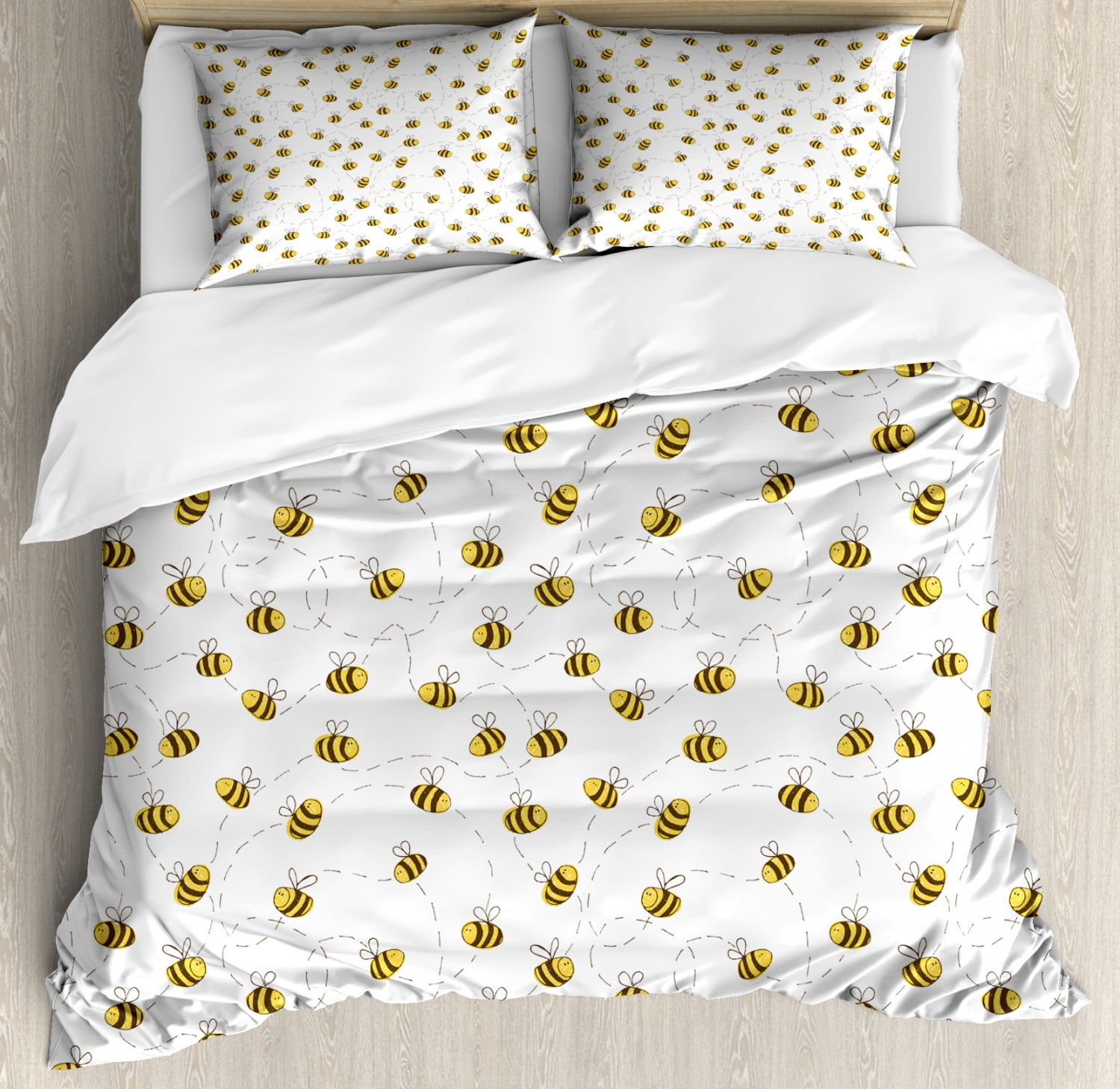 Bee Queen Size Duvet Cover Set, Simplistic Illustration of Buzzing and ...