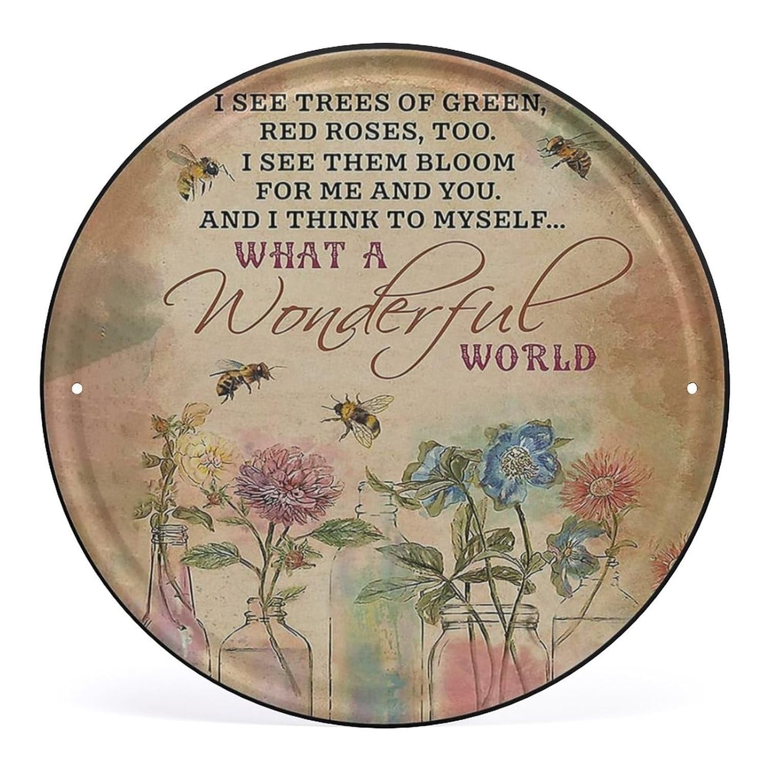 Bee Round Metal Tin Sign Rustic Wall Decor Plaque What A Wonderful ...