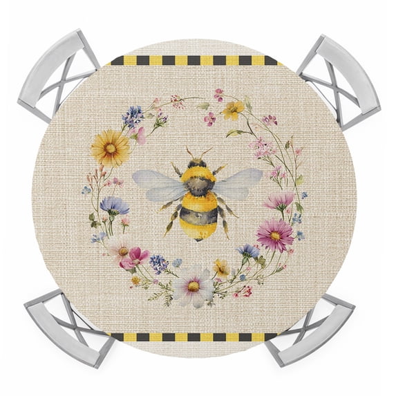 Bee Round Table Cover, Insects Yellow Floral Wreath Pastoral Linen ...