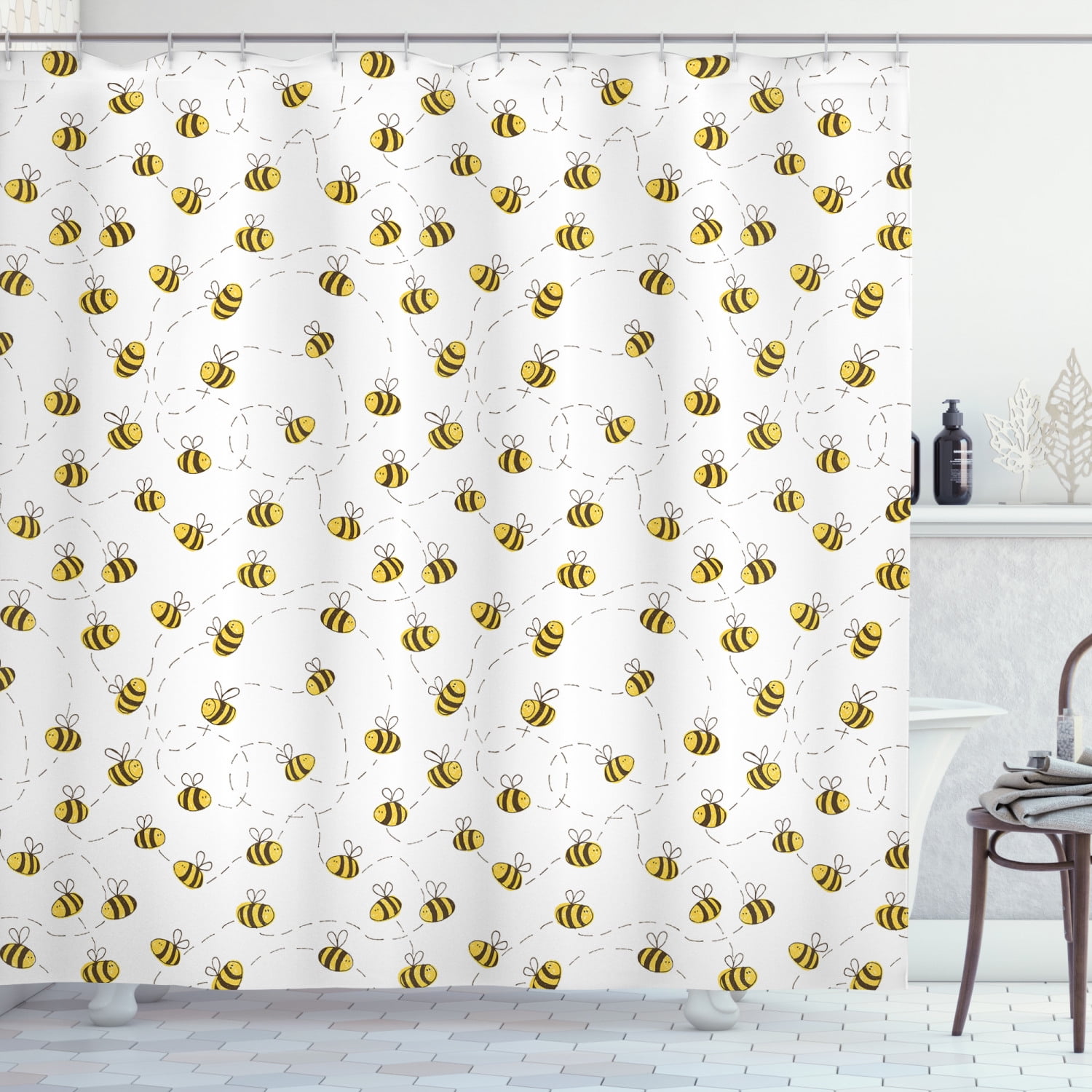 Bee Shower Curtain, Simplistic Illustration of Buzzing and Flying Bees ...