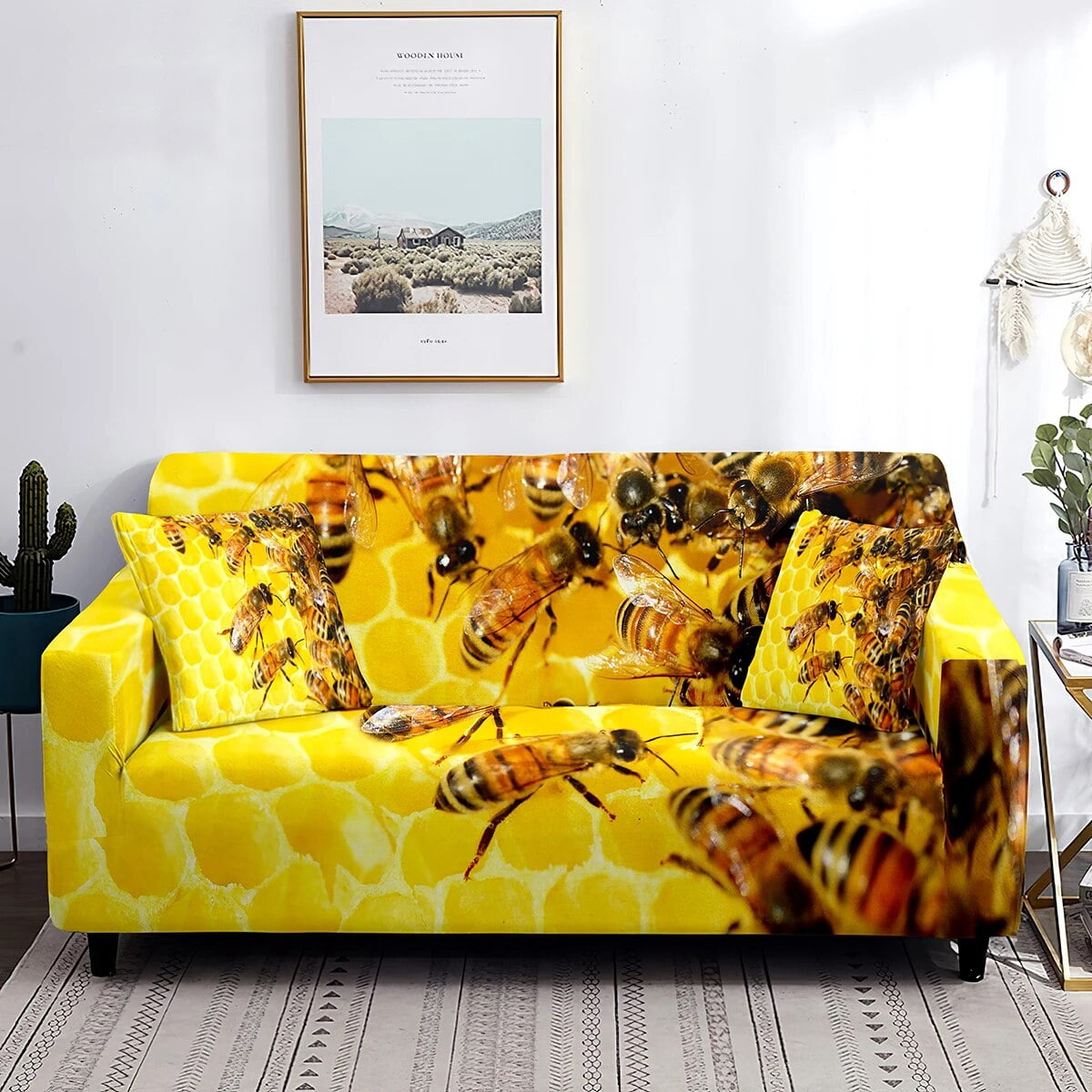 Bee Sofa Cover Cute Cartoon Bugs Pattern Stretch Couch Slipcover Yellow ...