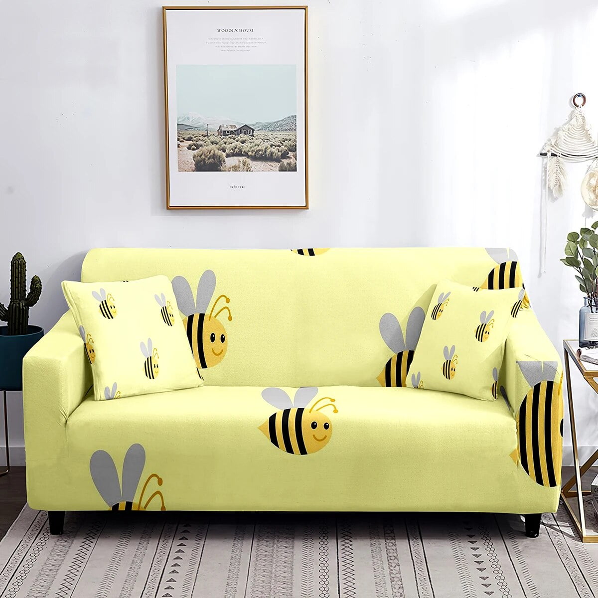 Bee Sofa Cover Cute Cartoon Bugs Pattern Stretch Couch Slipcover Yellow ...