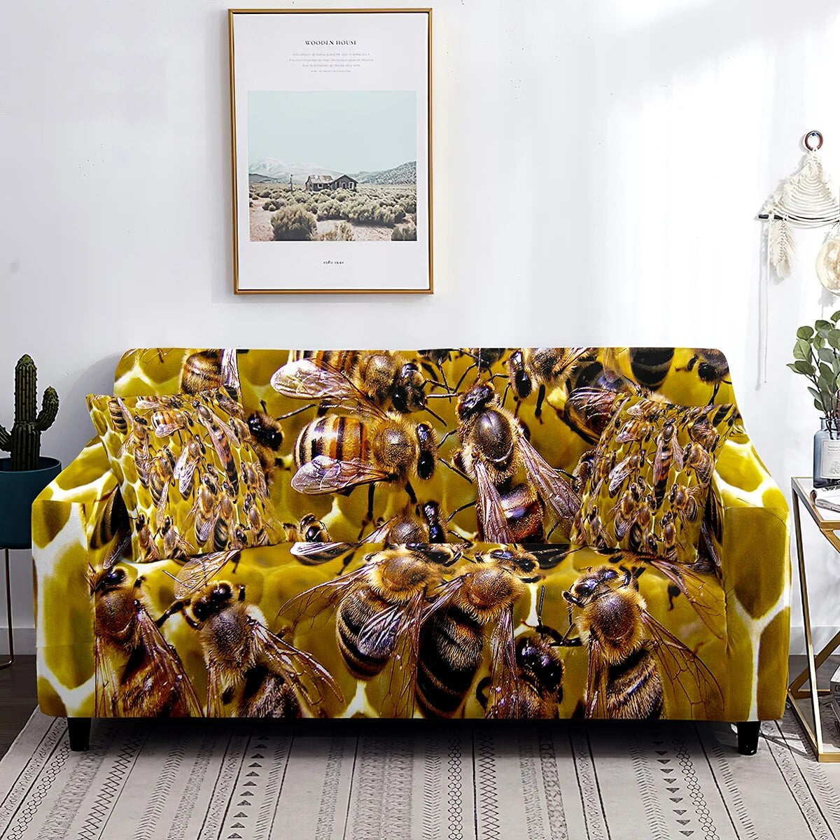 Bee Sofa Cover Cute Cartoon Bugs Pattern Stretch Couch Slipcover Yellow ...