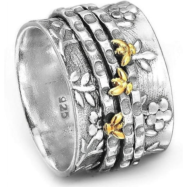 Bee Spinner Ring for Women 925 Sterling Silver and Brass Flower Fidget ...