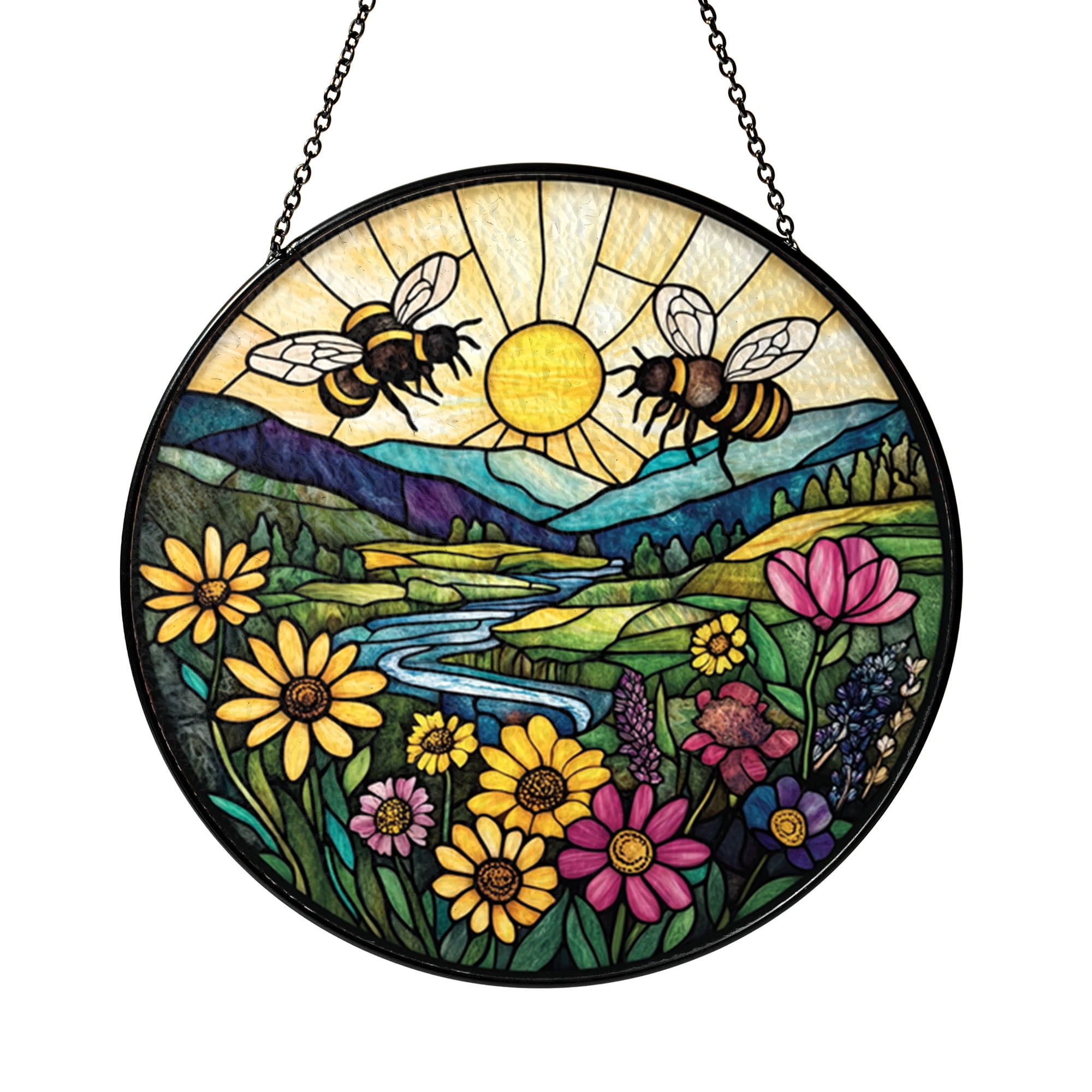 Bee Stained Glass Style Suncatcher – Sunset Meadow Wildflower Window ...