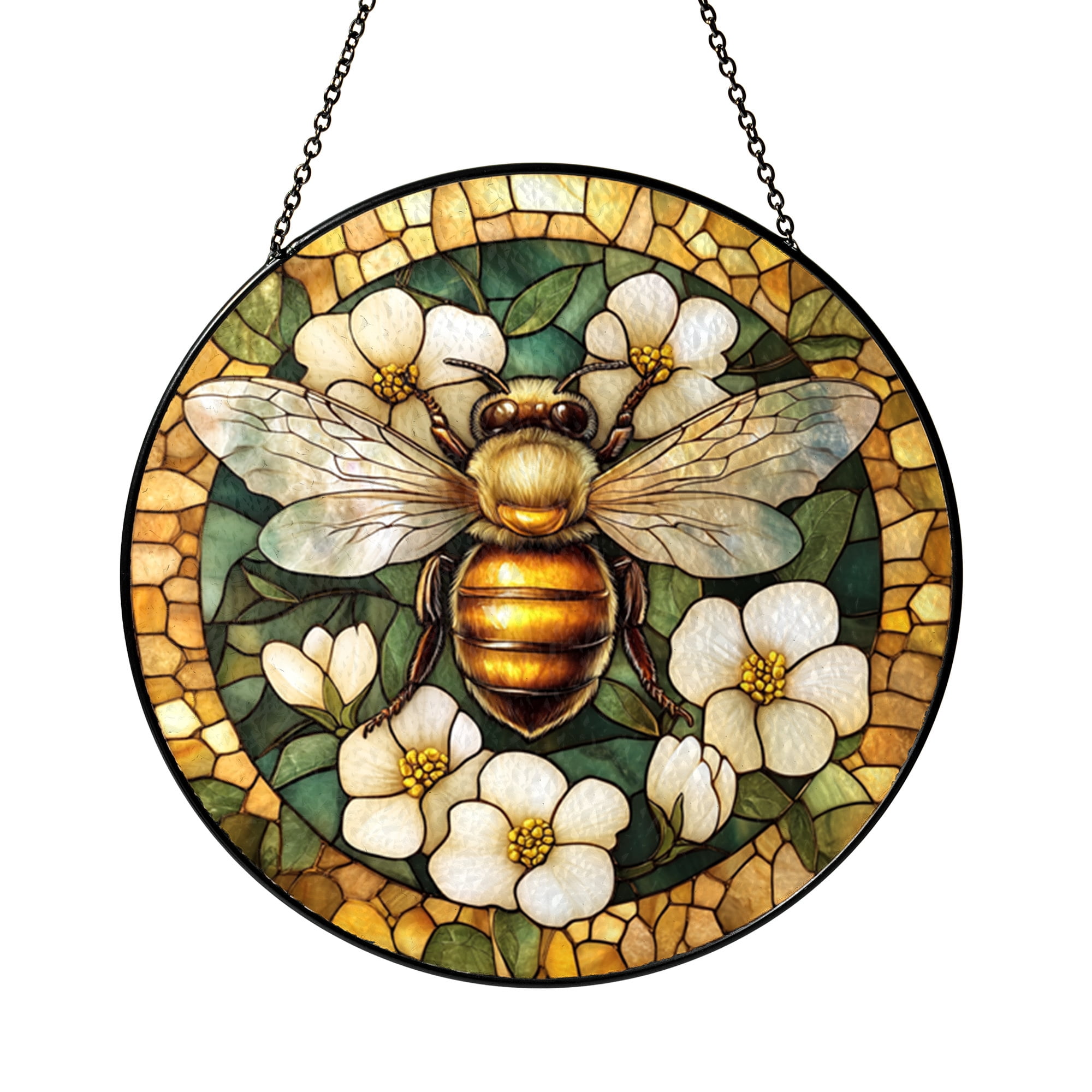 Bee Stained Glass Suncatcher Round Window Panel with Honeycomb and ...