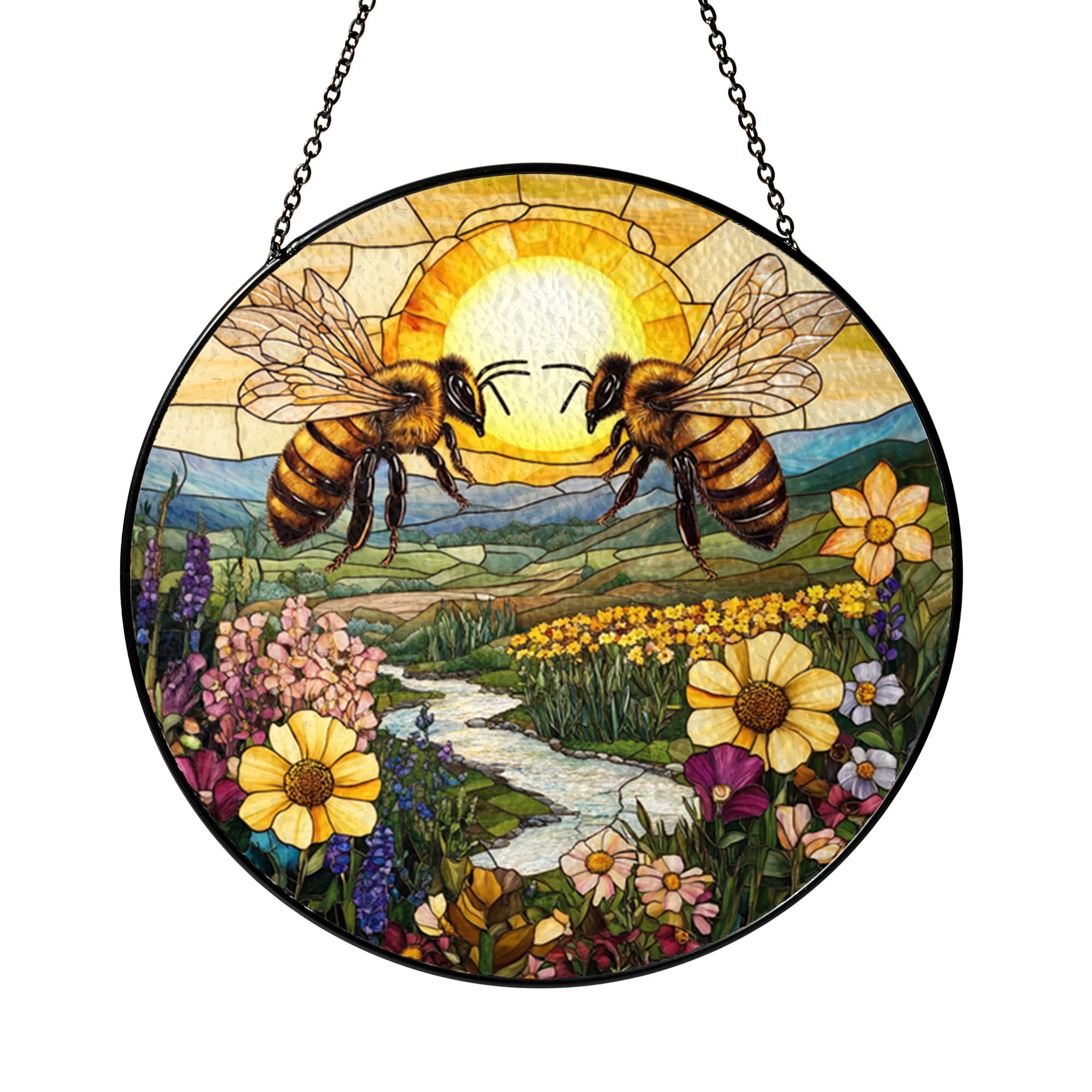 Bee Stained Glass Suncatcher Window Hanging, Sunset Meadow Scene with ...