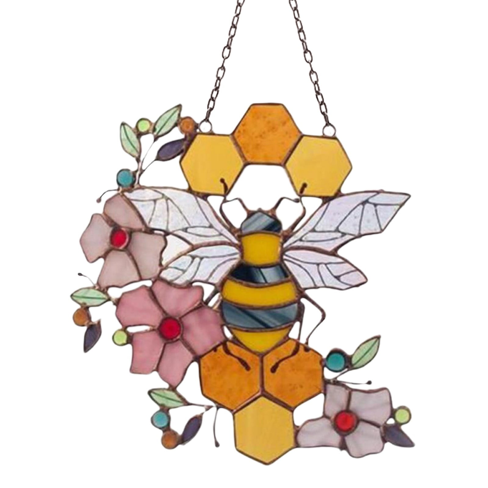 Bee Stained Glass Window Hanging,Honeybee Honeycomb with Flowers ...