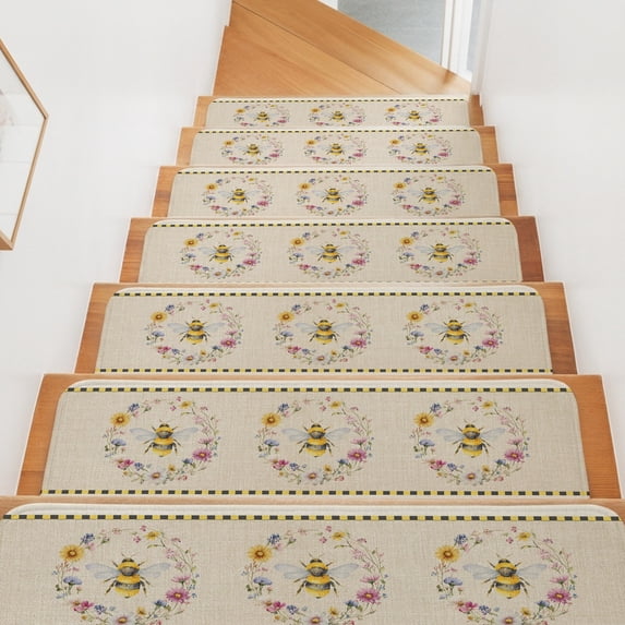 Bee Stair Treads Non Slip for Steps Insects Yellow Floral Wreath ...