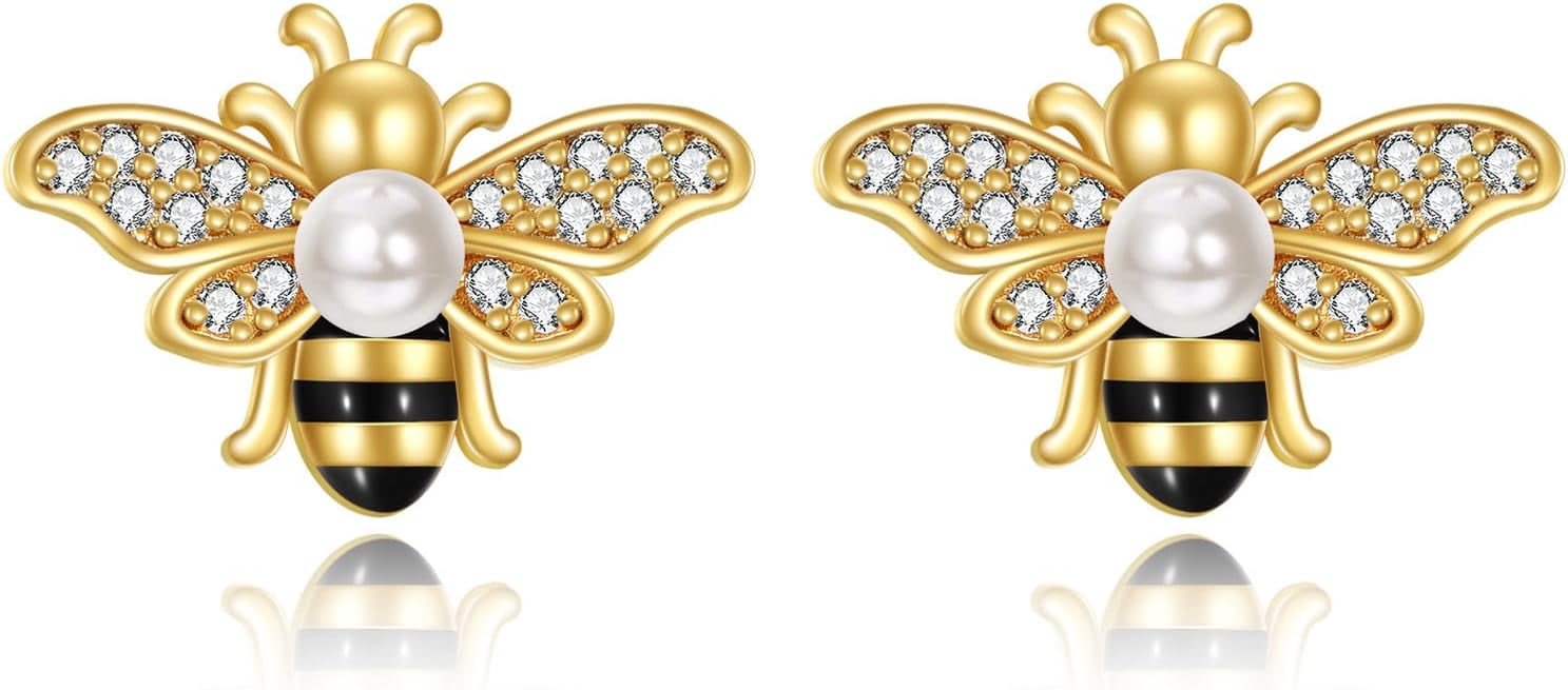 Bee Stud Earrings S925 Sterling Silver 18k Gold Plated Freshwater Pearl ...