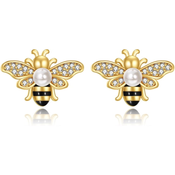 Bee Stud Earrings S925 Sterling Silver 18k Gold Plated Freshwater Pearl ...
