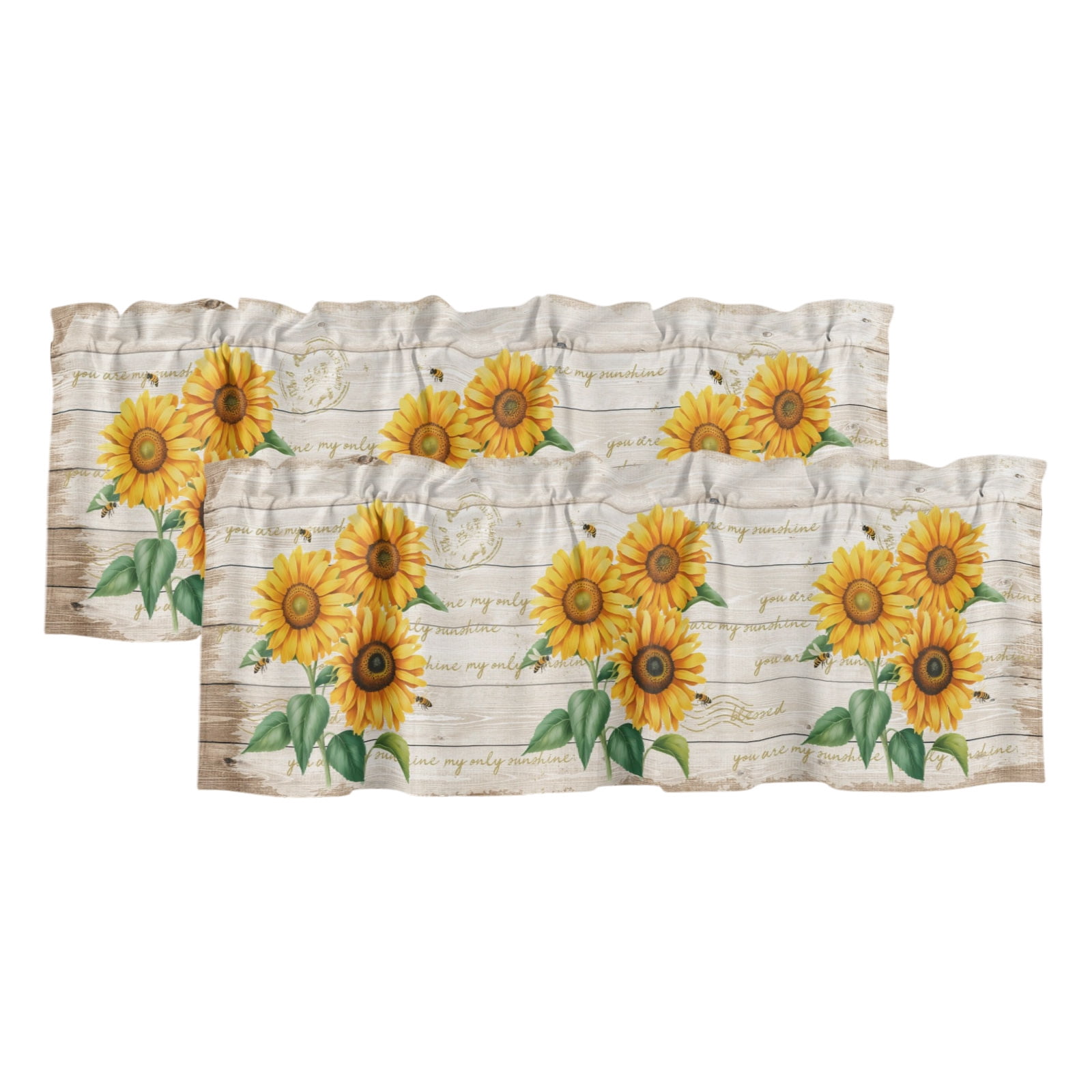 Bee Sunflower 2 Panels Kitchen Valance, Yellow Floral Wood Grain ...