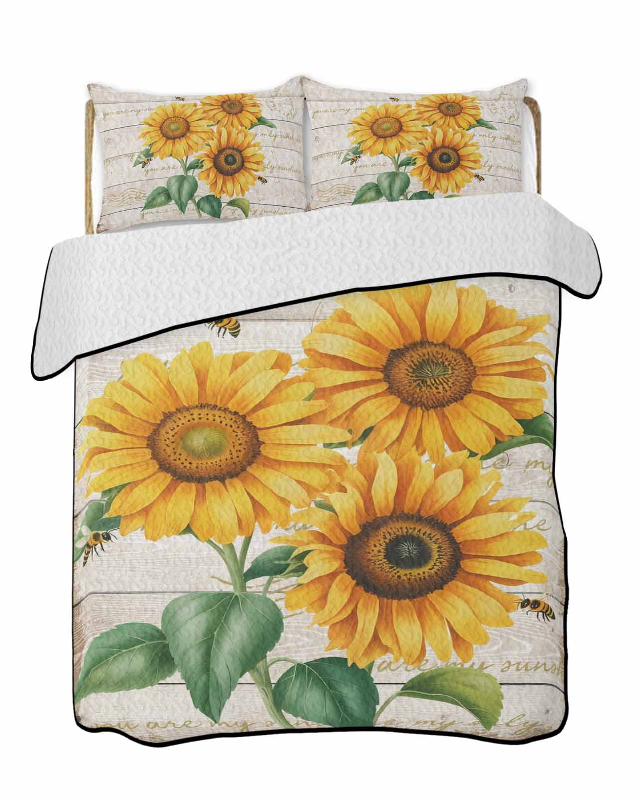 Bee Sunflower 3 Pieces Quilt Set, 1 Quilt with 2 Shams, Yellow Floral ...