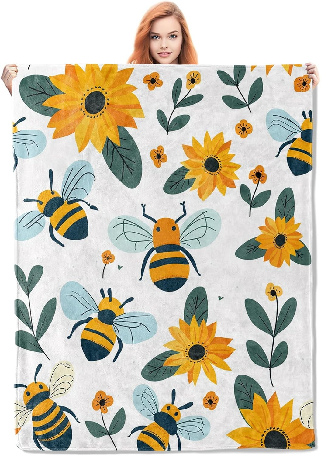 Bee and Sunflower Blanket, Cute Floral-Themed Fleece Throw with Cartoon ...